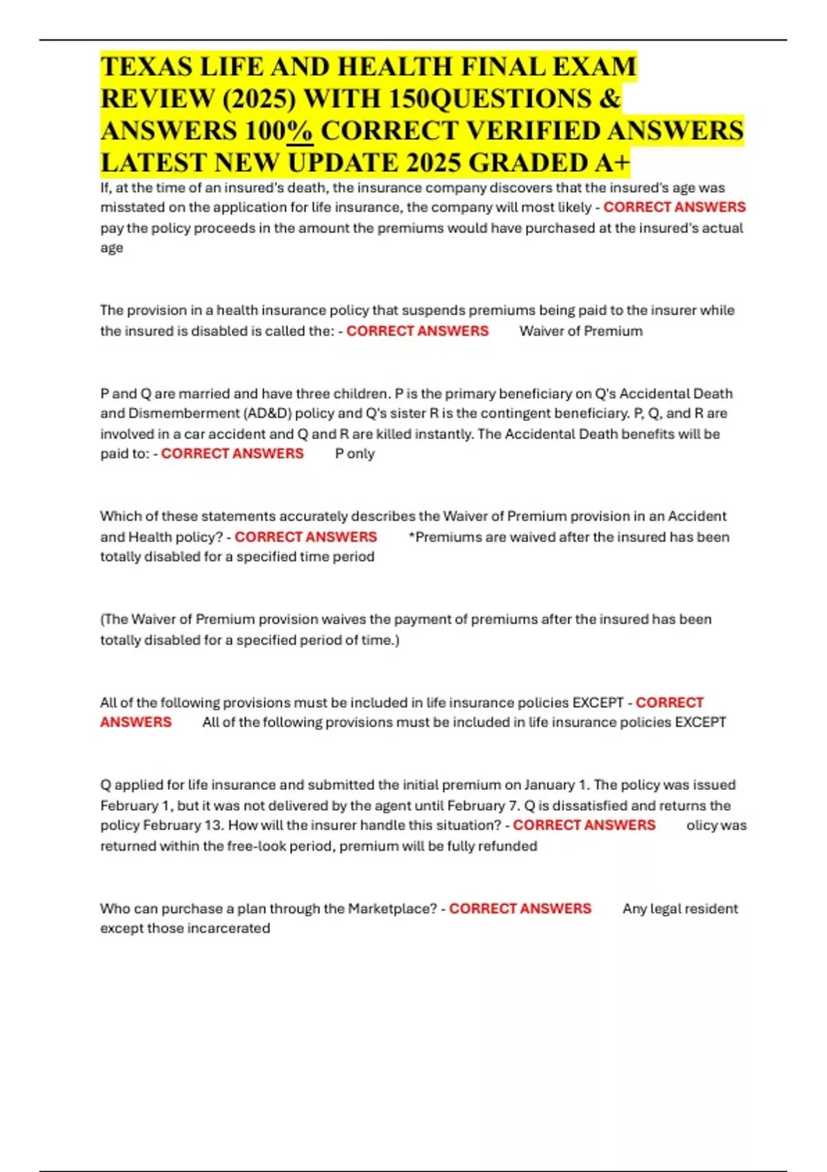 TEXAS LIFE AND HEALTH FINAL EXAM REVIEW (2025) WITH 150QUESTIONS ...