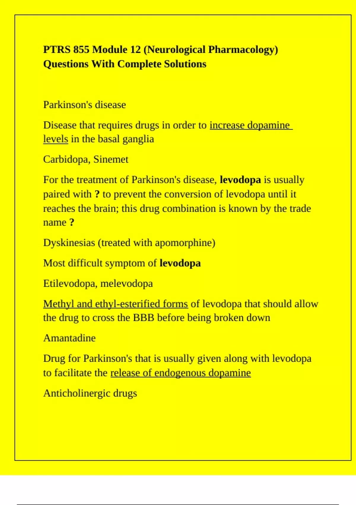 PTRS 855 Module 12 (Neurological Pharmacology) Questions With Complete Solutions - PTRS 855 ...