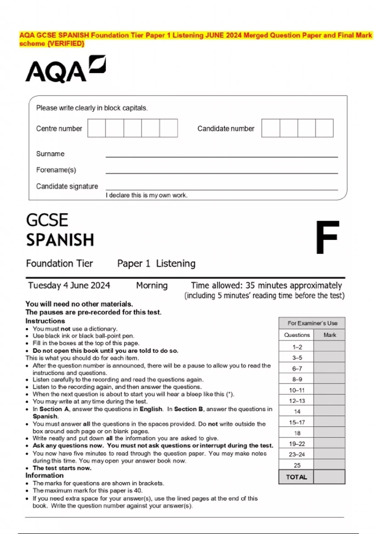 AQA GCSE SPANISH Foundation Tier Paper 1 Listening JUNE 2024 Merged ...
