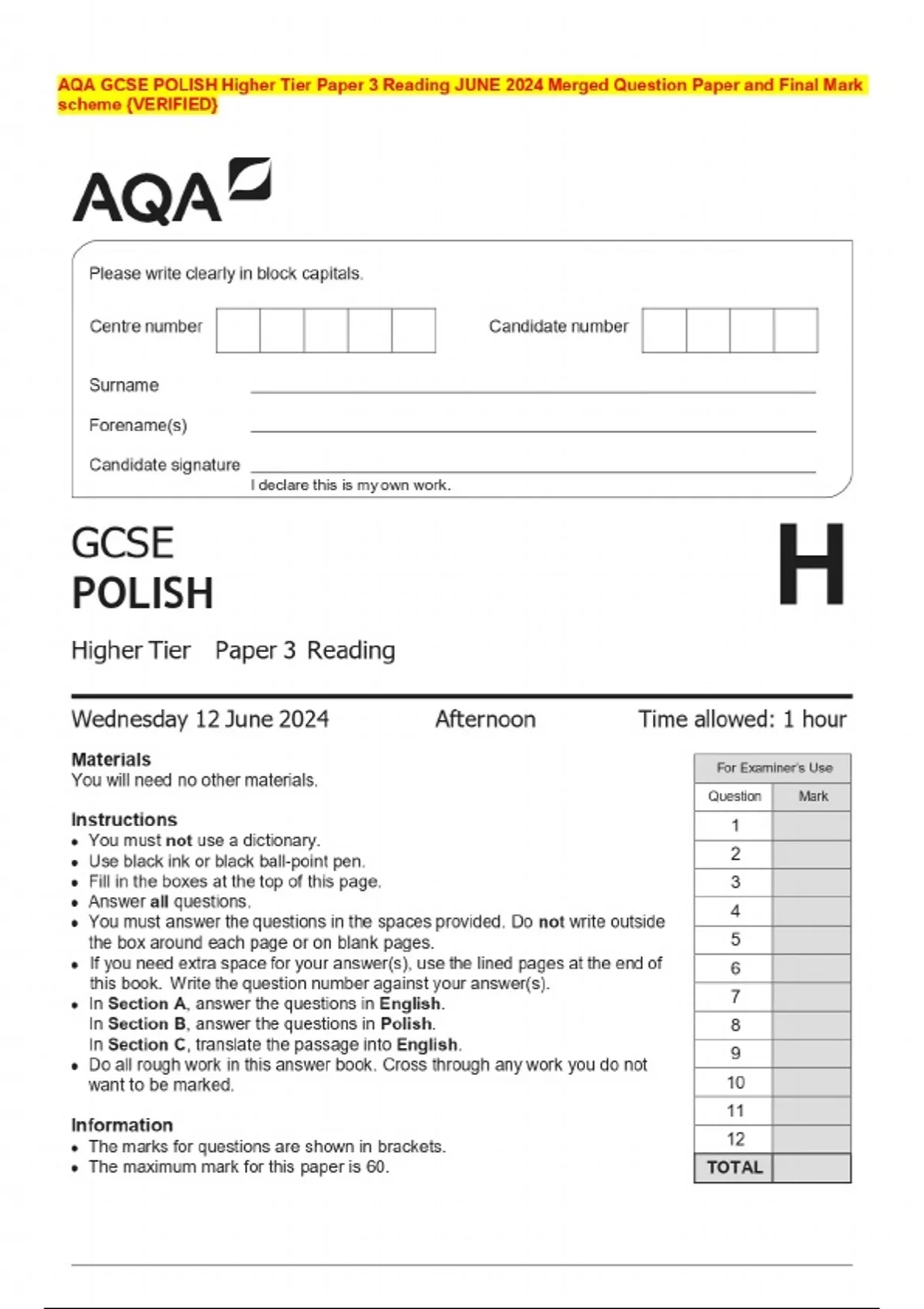 AQA GCSE POLISH Higher Tier Paper 3 Reading JUNE 2024 Merged Question ...