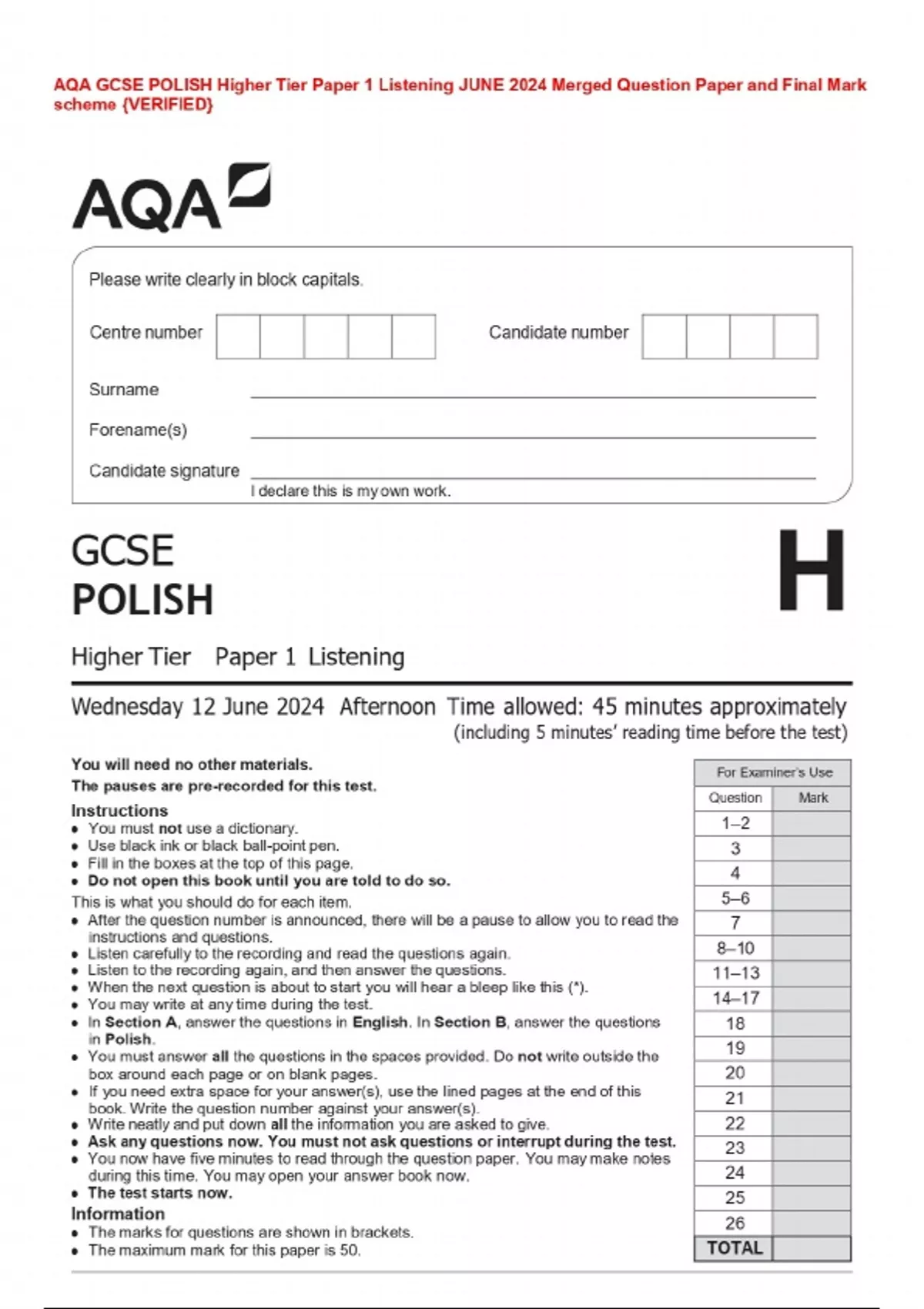 AQA GCSE POLISH Higher Tier Paper 1 Listening JUNE 2024 Merged Question ...