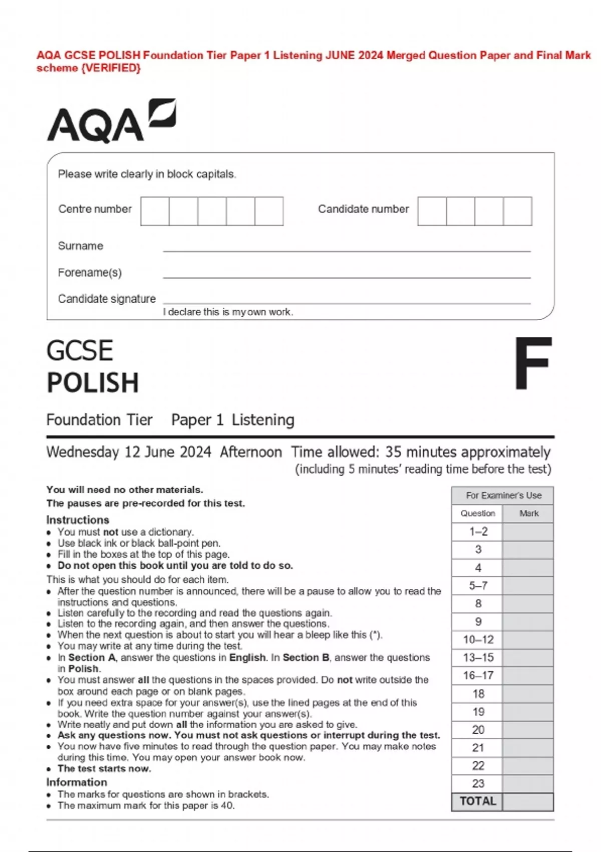 AQA GCSE POLISH Foundation Tier Paper 1 Listening JUNE 2024 Merged ...