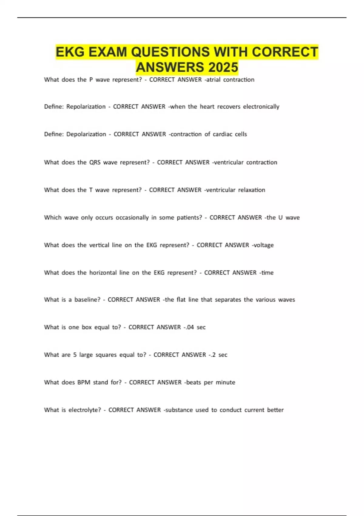 EKG EXAM QUESTIONS WITH CORRECT ANSWERS 2025 - NHA EKG Certification ...