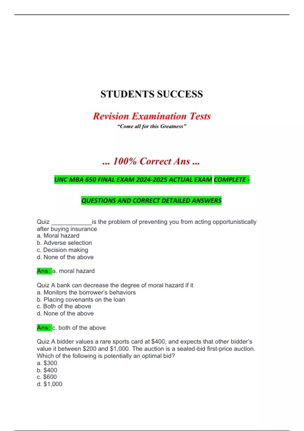 UNC MBA 650 FINAL EXAM ACTUAL EXAM COMPLETE - QUESTIONS AND CORRECT ...