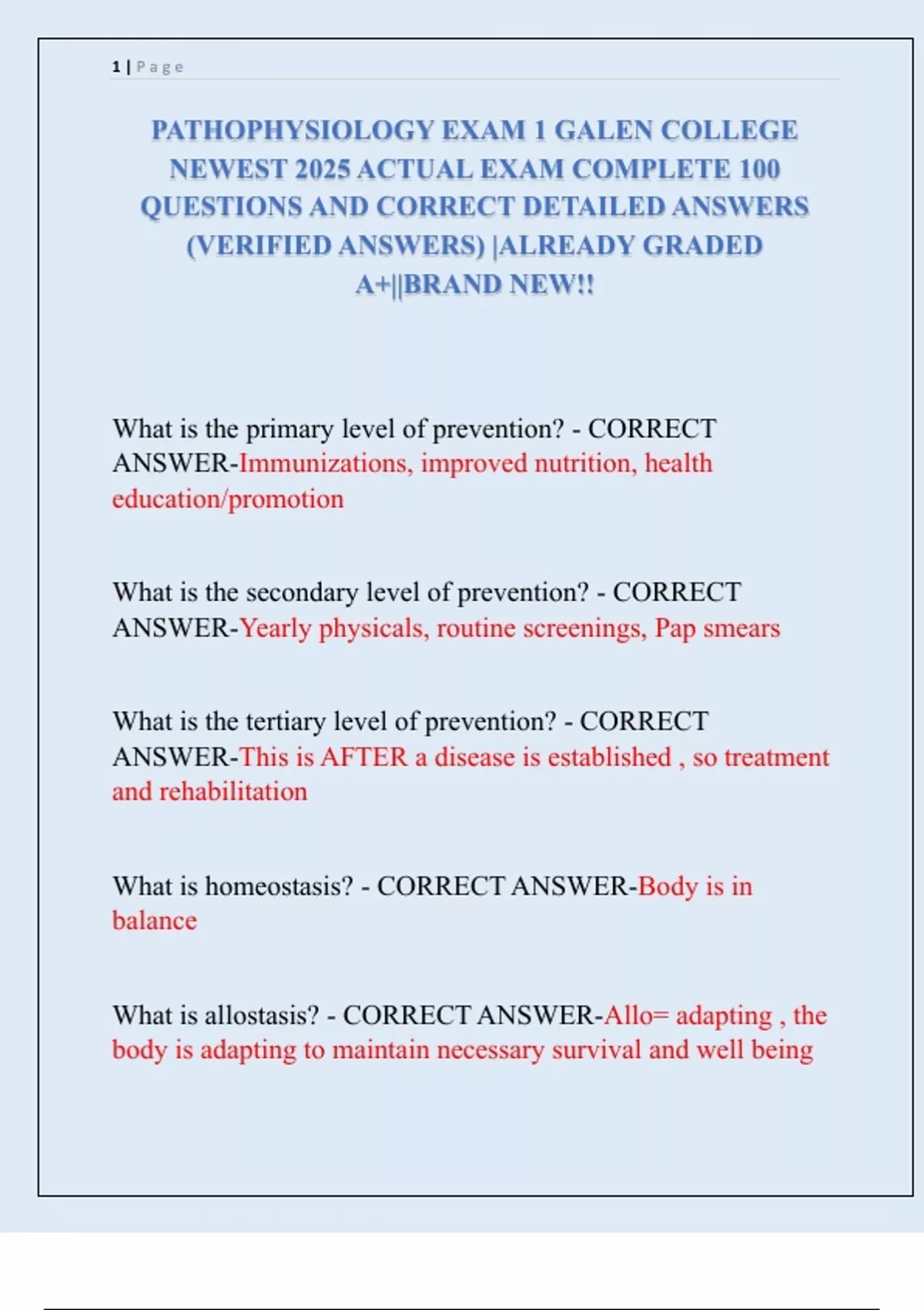 PATHOPHYSIOLOGY EXAM 1 GALEN COLLEGE NEWEST 2025 ACTUAL EXAM COMPLETE 100 QUESTIONS AND CORRECT ...