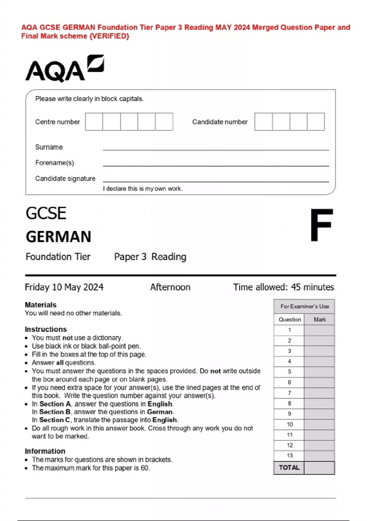 AQA GCSE GERMAN Foundation Tier Paper 3 Reading MAY 2024 Merged ...