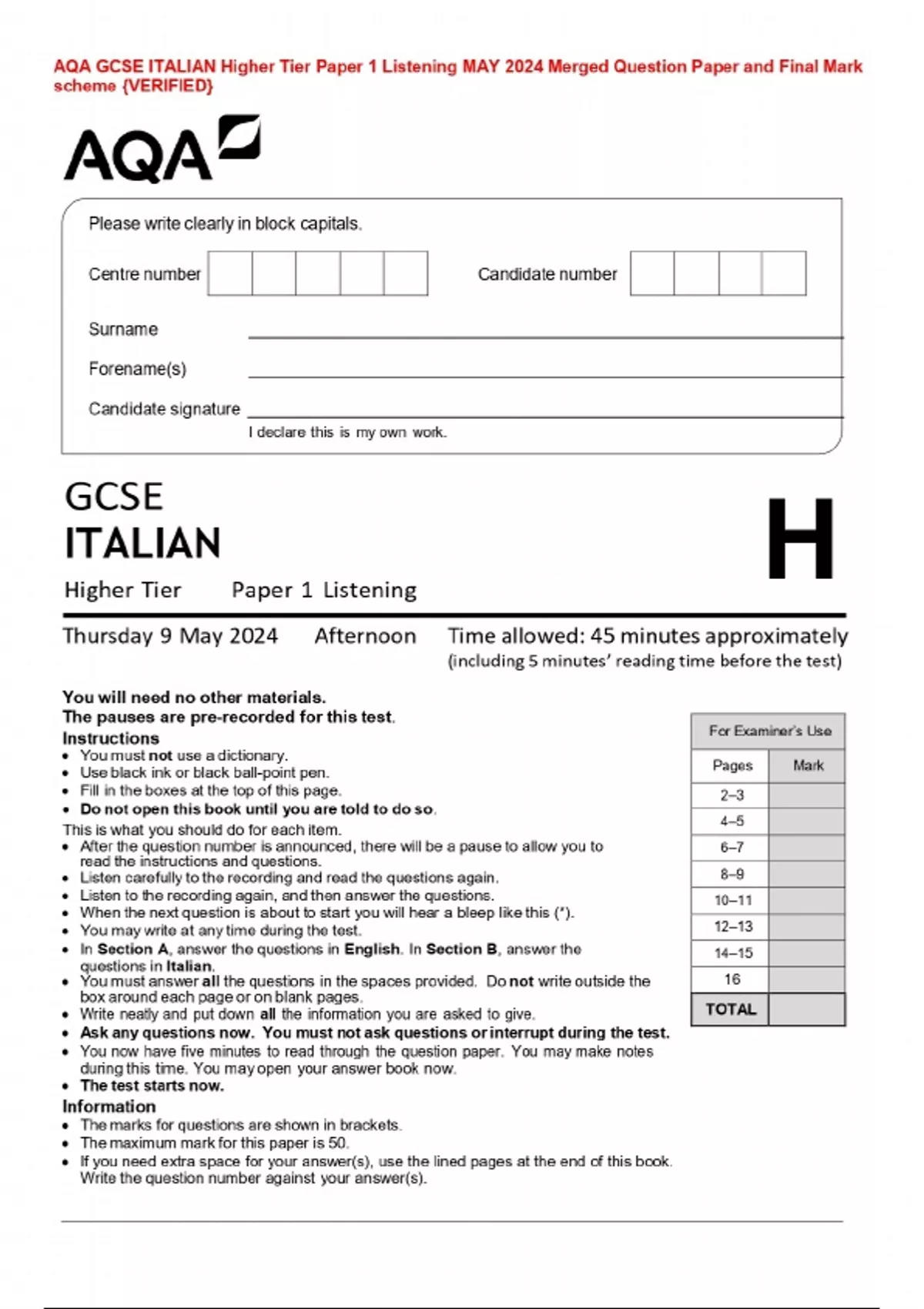 AQA GCSE ITALIAN Higher Tier Paper 1 Listening MAY 2024 Merged Question ...