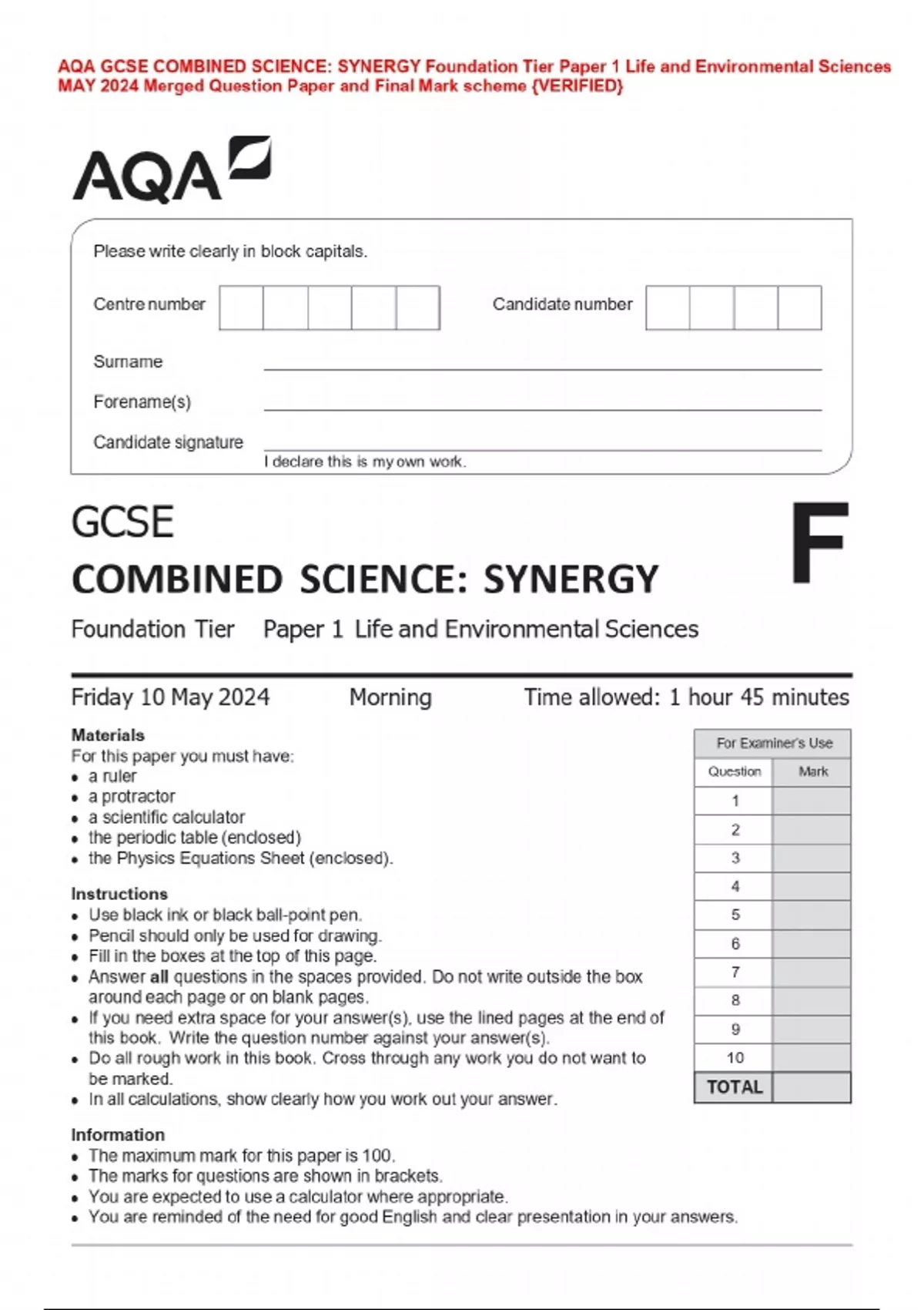 AQA GCSE COMBINED SCIENCE: SYNERGY Foundation Tier Paper 1 Life and ...