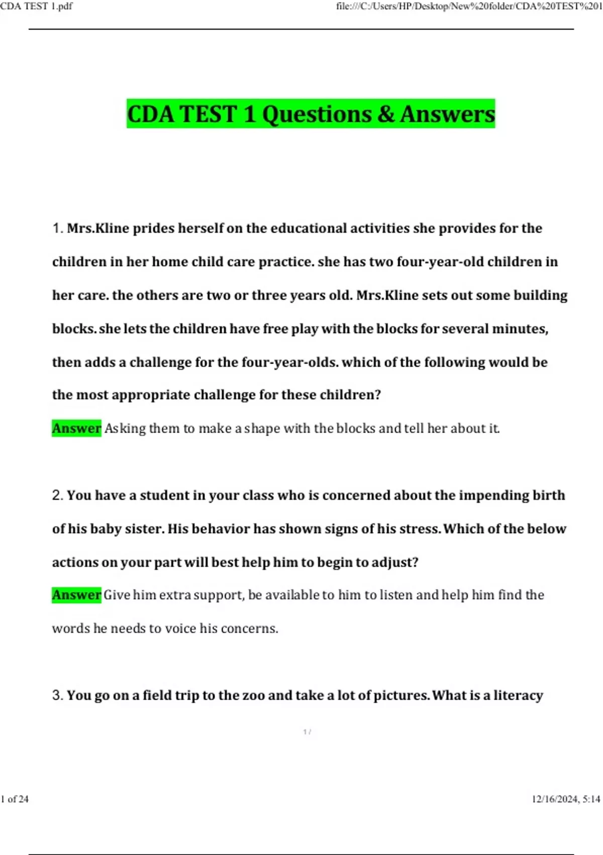 CDA TEST 1 ACTUAL (2025) Questions and Answers (2025 / 2026) (Verified ...