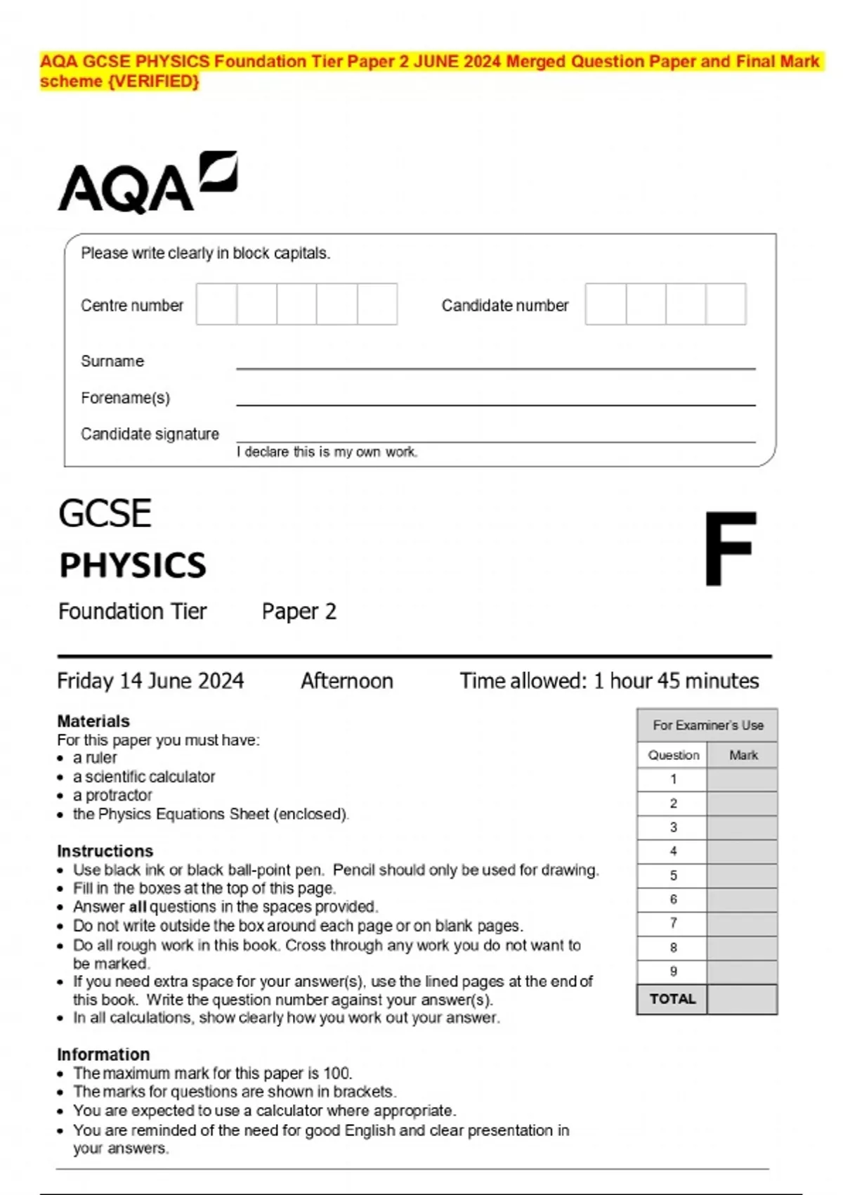 AQA GCSE PHYSICS Foundation Tier Paper 2 JUNE 2024 Merged Question ...