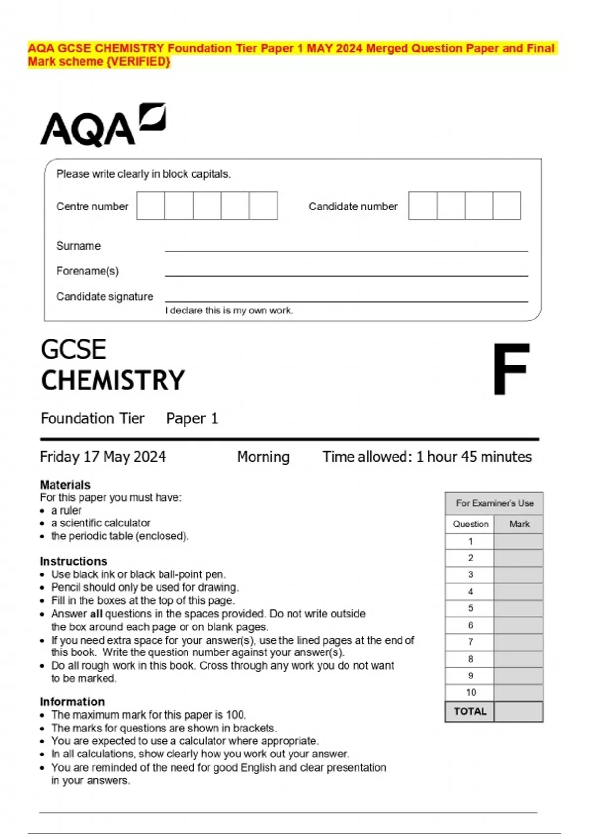 AQA GCSE CHEMISTRY Foundation Tier Paper 1 MAY 2024 Merged Question ...