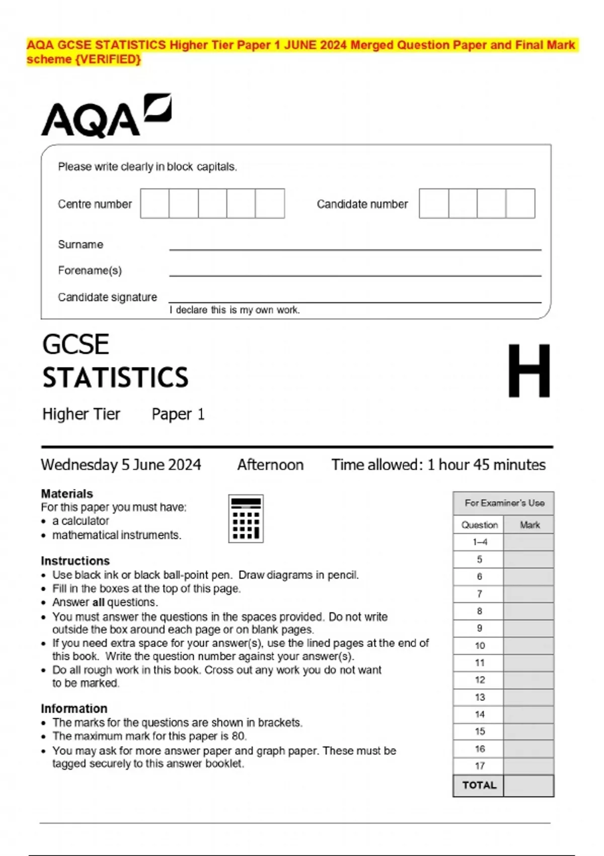 AQA GCSE STATISTICS Higher Tier Paper 1 JUNE 2024 Merged Question Paper ...