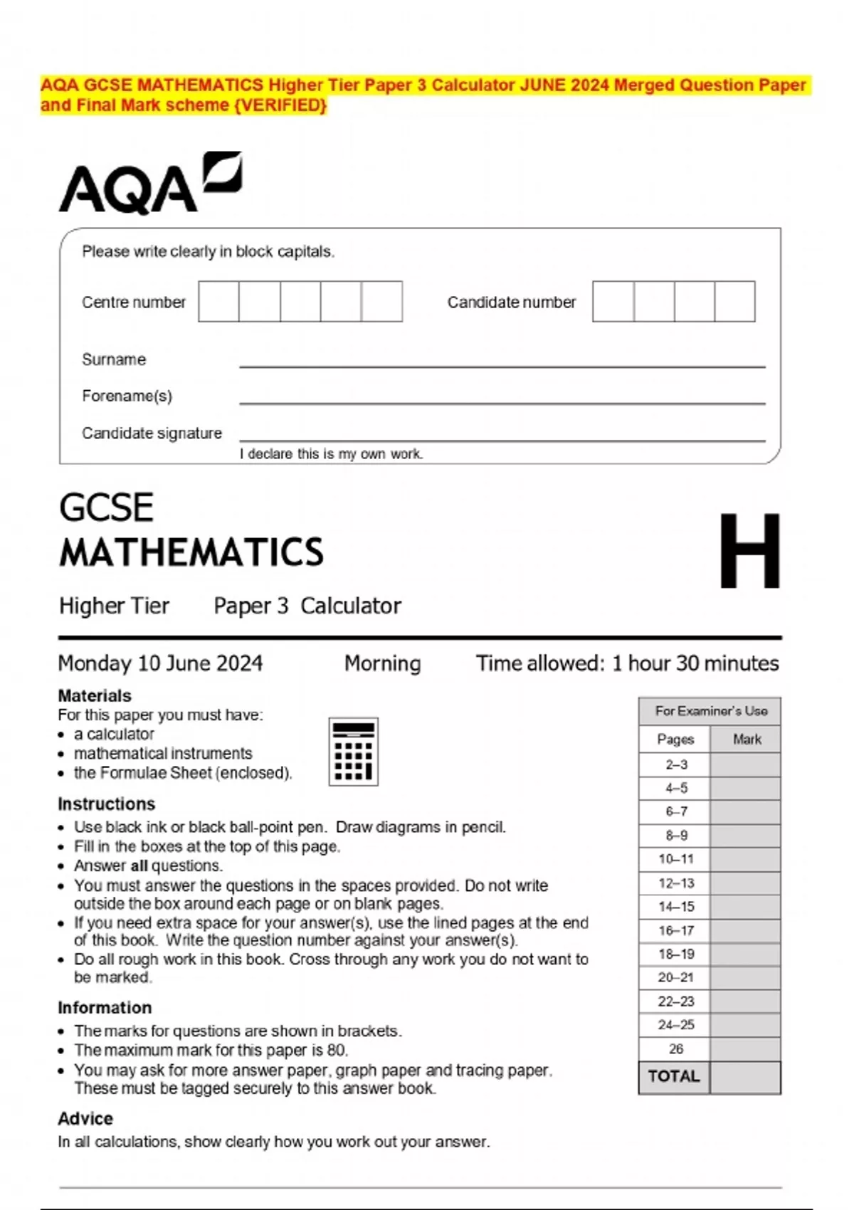 AQA GCSE MATHEMATICS Higher Tier Paper 3 Calculator JUNE 2024 Merged ...