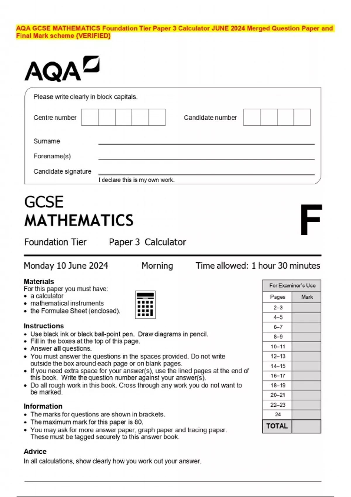 AQA GCSE MATHEMATICS Foundation Tier Paper 3 Calculator JUNE 2024 ...