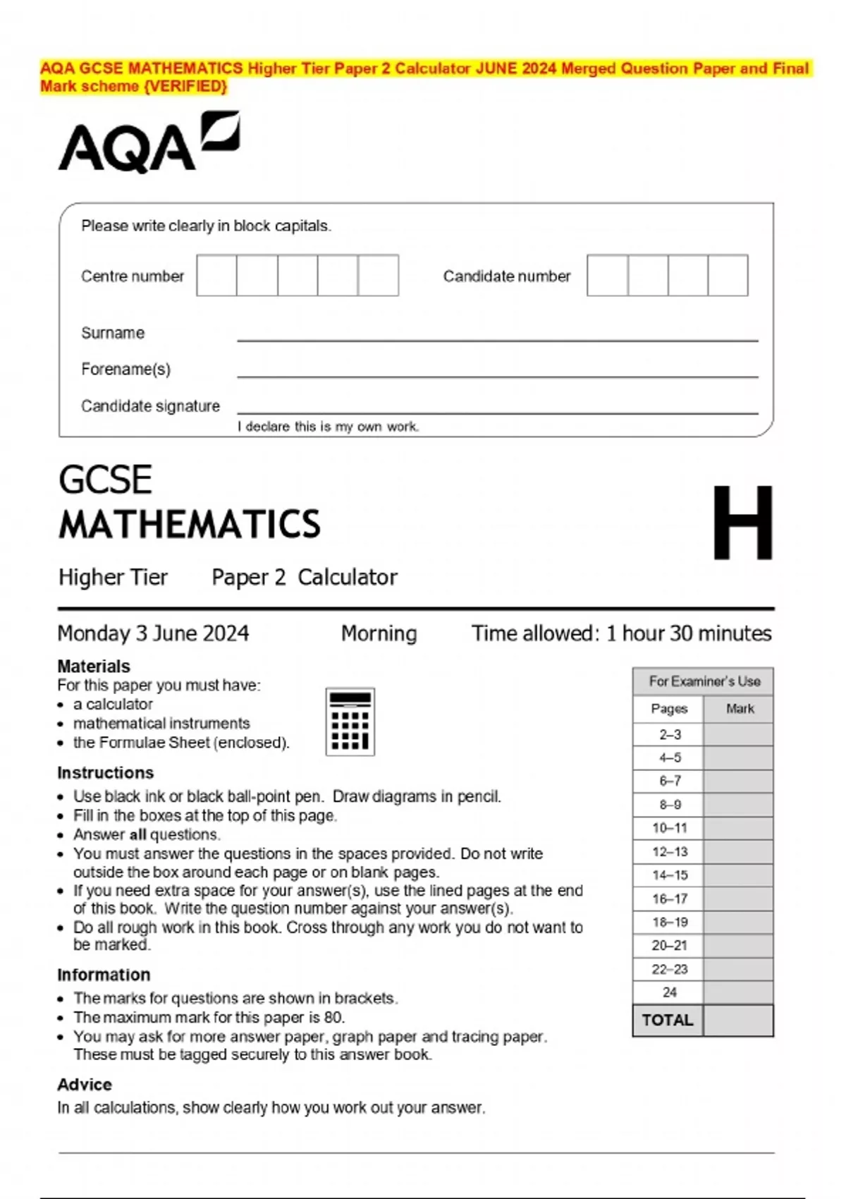 AQA GCSE MATHEMATICS Higher Tier Paper 2 Calculator JUNE 2024 Merged ...