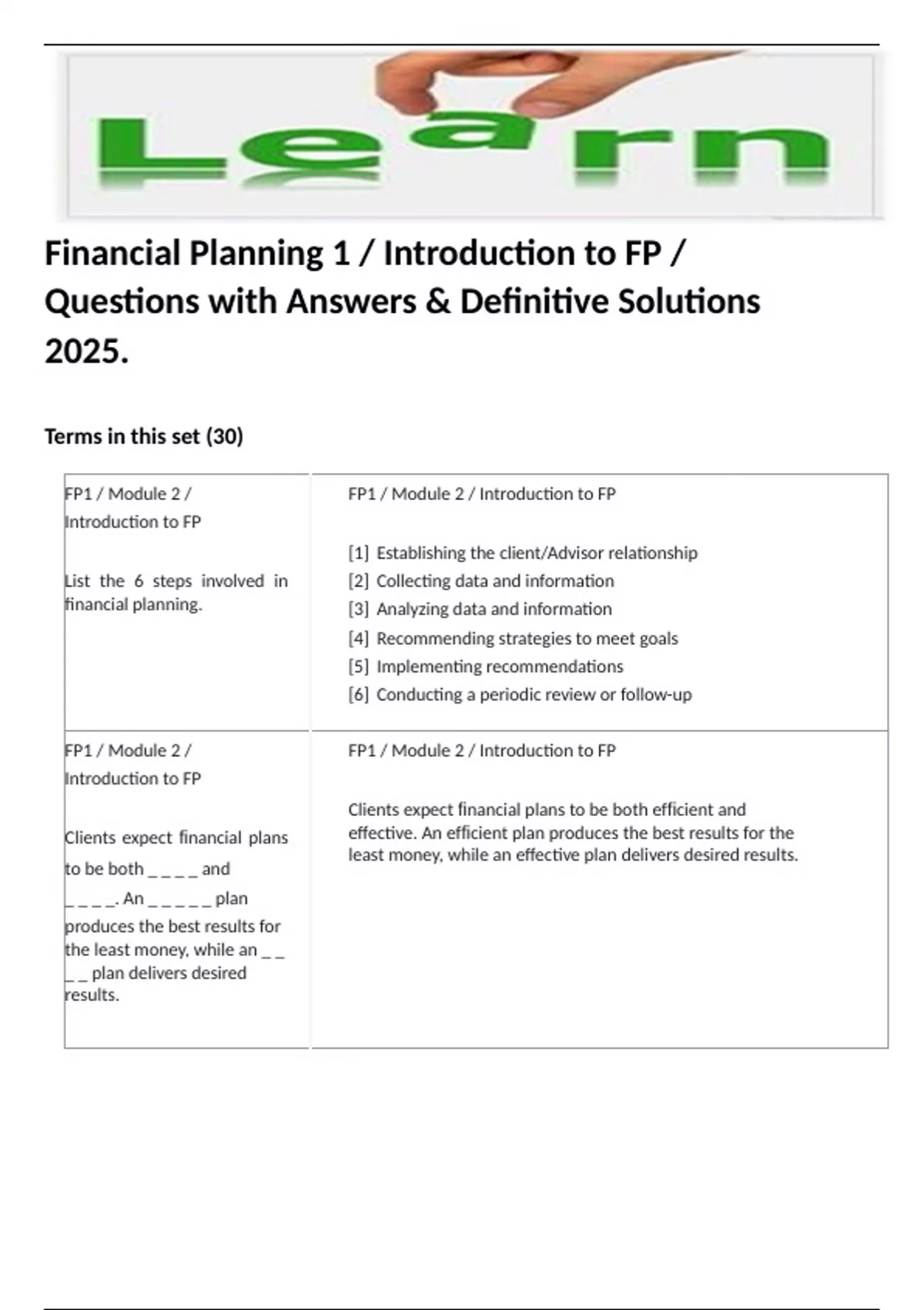 Financial Planning 1 Introduction To Fp Questions With Answers