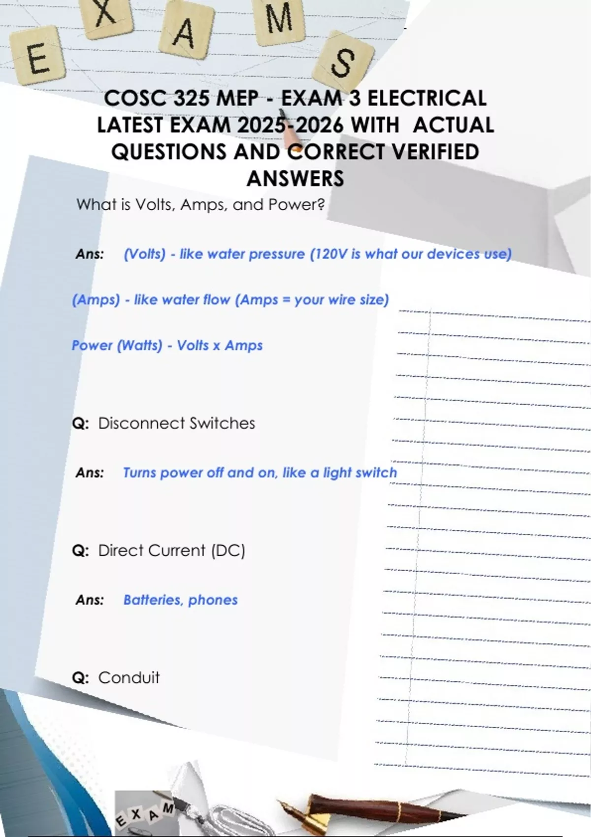 COSC 325 MEP - EXAM 3 ELECTRICAL LATEST EXAM WITH ACTUAL QUESTIONS AND ...