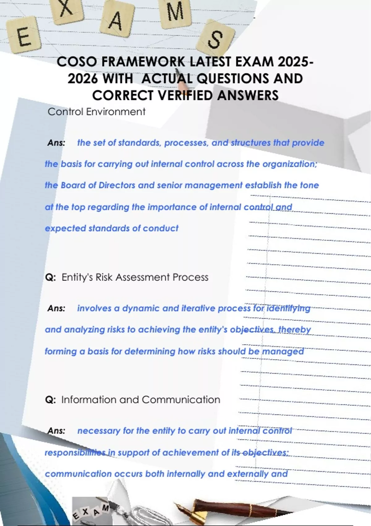 COSO FRAMEWORK LATEST EXAM WITH ACTUAL QUESTIONS AND CORRECT VERIFIED ...