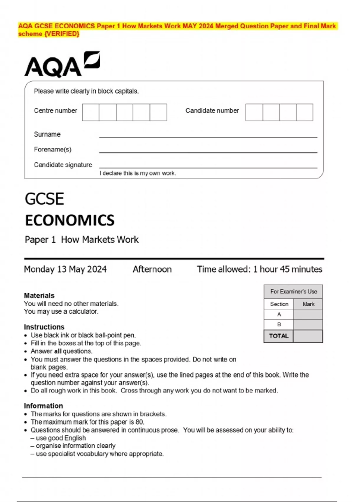 AQA GCSE ECONOMICS Paper 1 How Markets Work MAY 2024 Merged Question ...