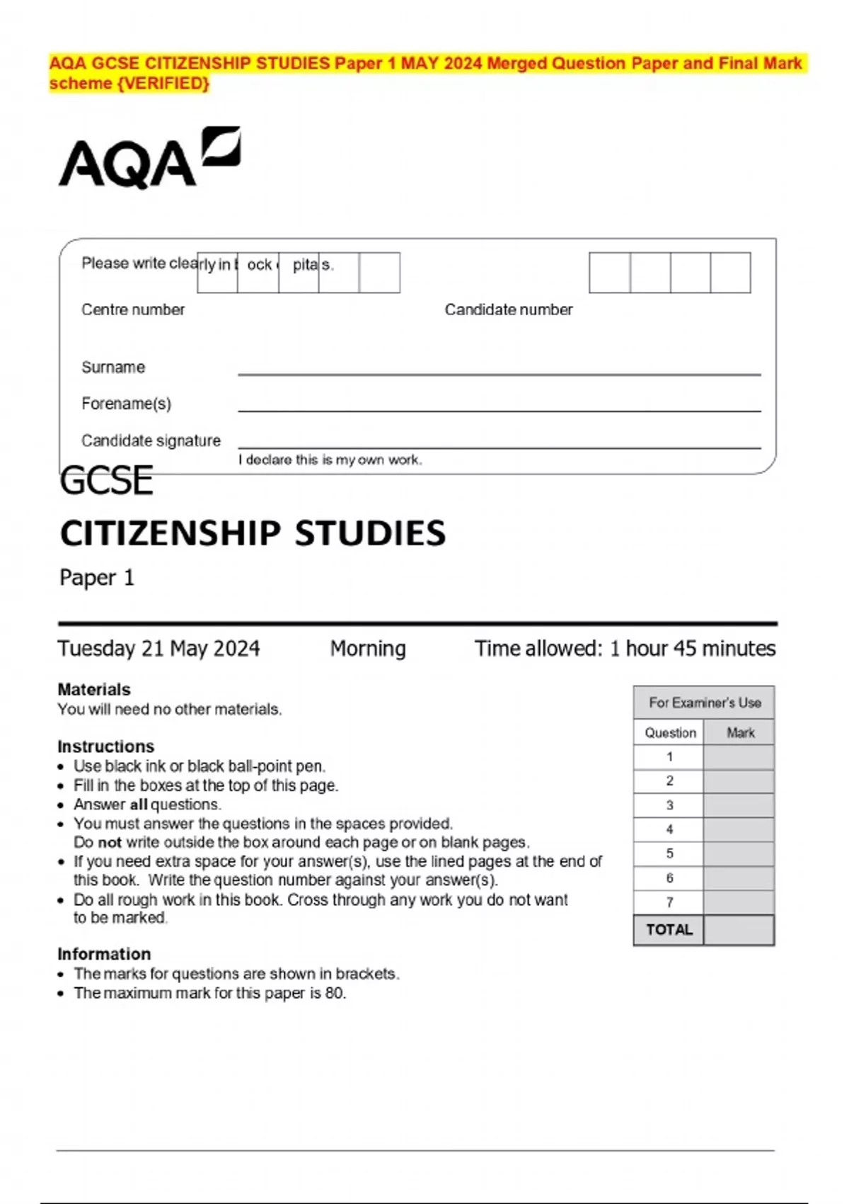 AQA GCSE CITIZENSHIP STUDIES Paper 1 MAY 2024 Merged Question Paper and ...