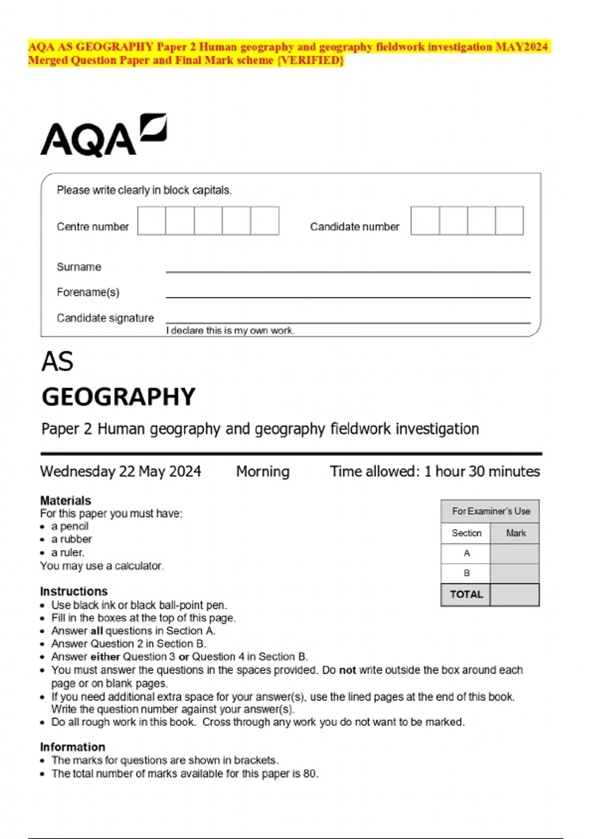 PACKAGE DEAL::: AQA AS GEOGRAPHY 2024 Question Paper and Mark scheme ...