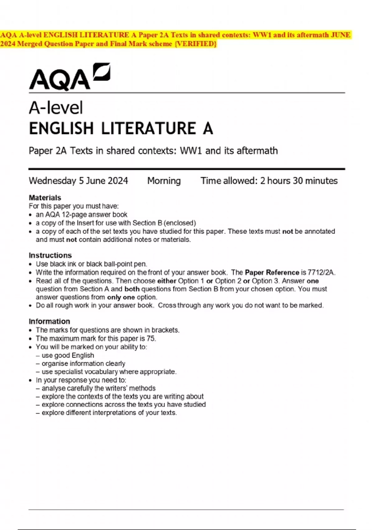 AQA A-level ENGLISH LITERATURE A Paper 2A Texts in shared contexts: WW1 and its aftermath JUNE ...