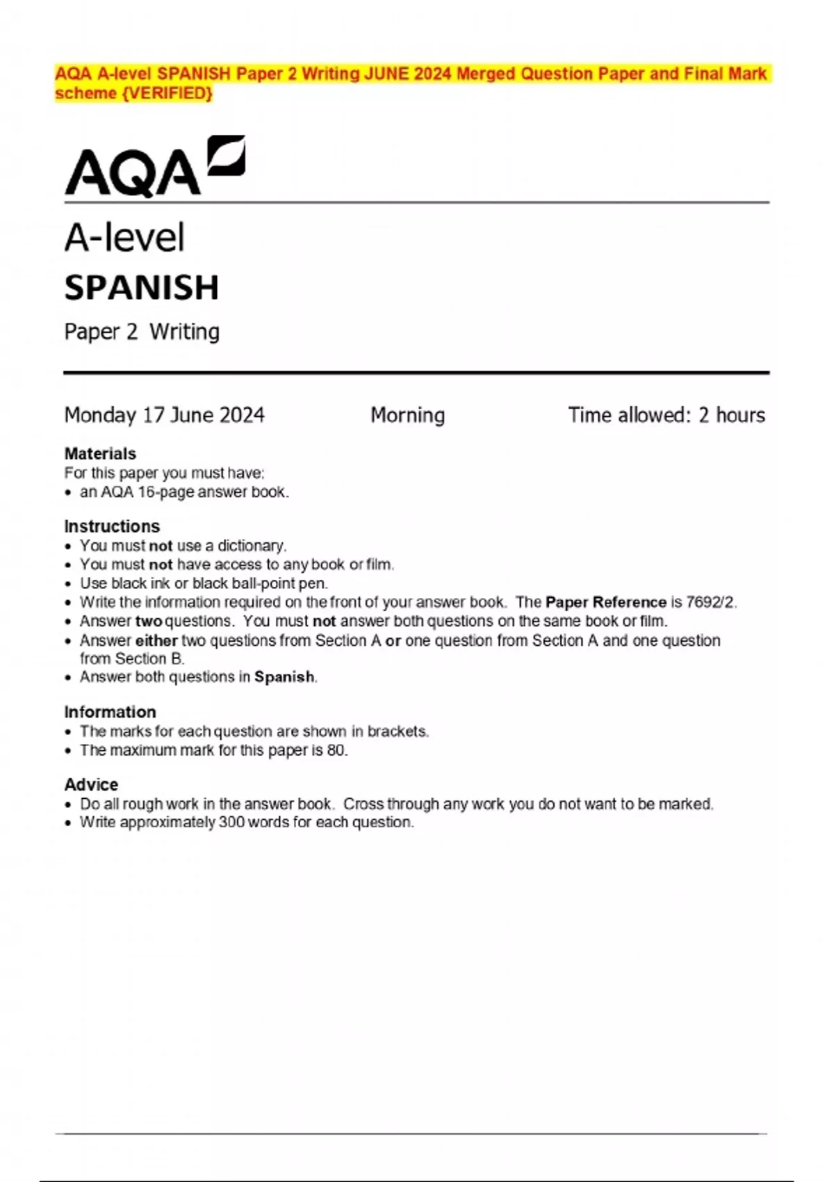 AQA A-level SPANISH Paper 2 Writing JUNE 2024 Merged Question Paper and ...