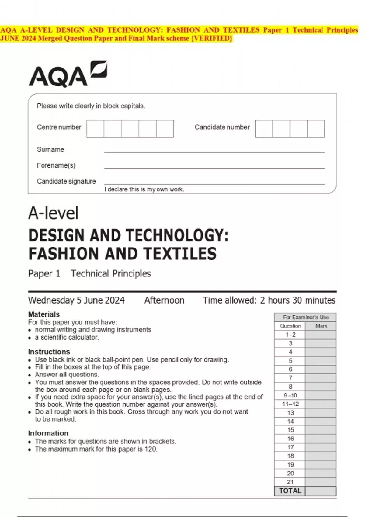 AQA A-LEVEL DESIGN AND TECHNOLOGY: FASHION AND TEXTILES Paper 1 ...