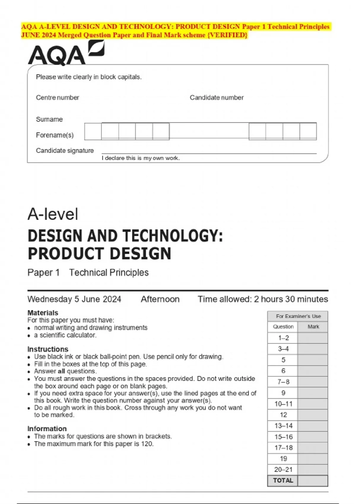 AQA A-LEVEL DESIGN AND TECHNOLOGY: PRODUCT DESIGN Paper 1 Technical ...