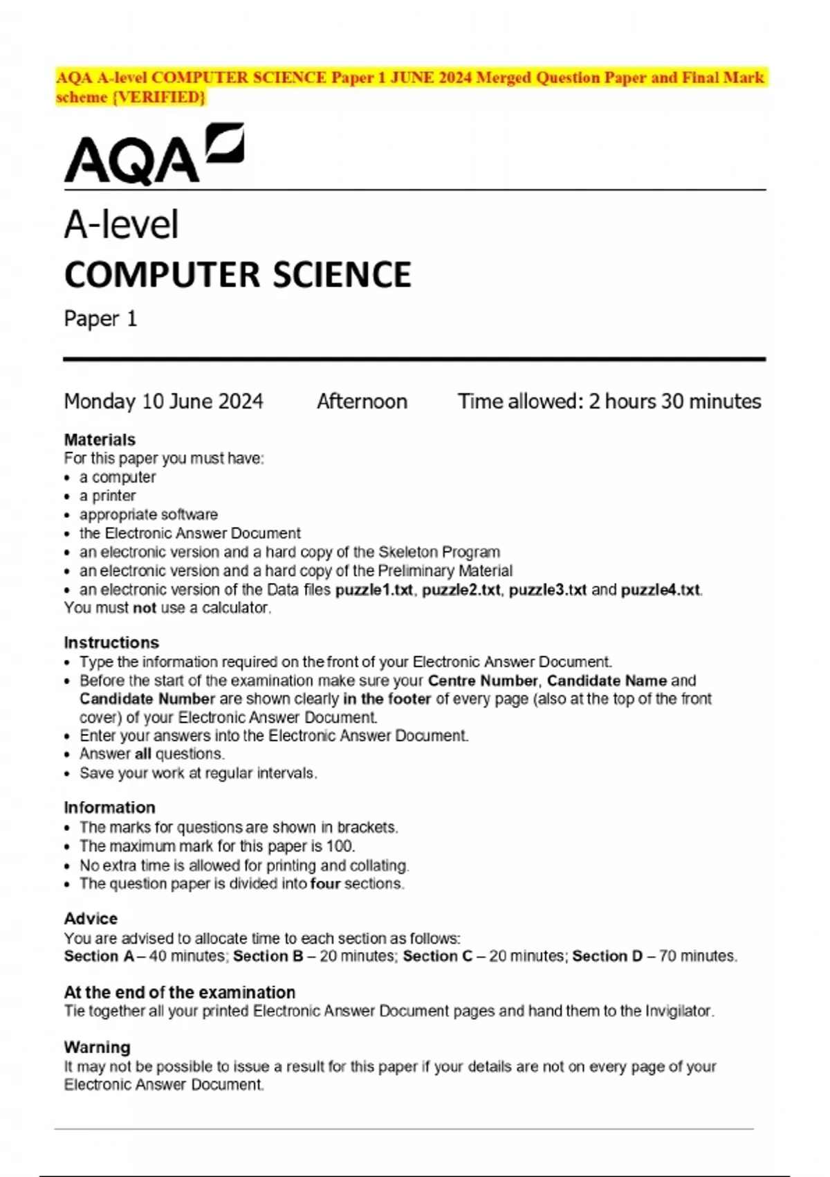 PACKAGE DEAL::: AQA A-level COMPUTER SCIENCE 2024 Question Paper and ...