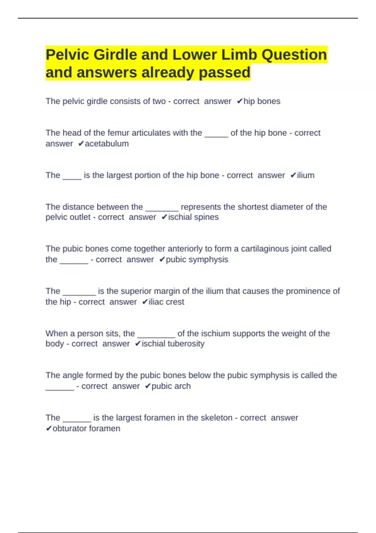Pelvic Girdle and Lower Limb Question and answers already passed ...