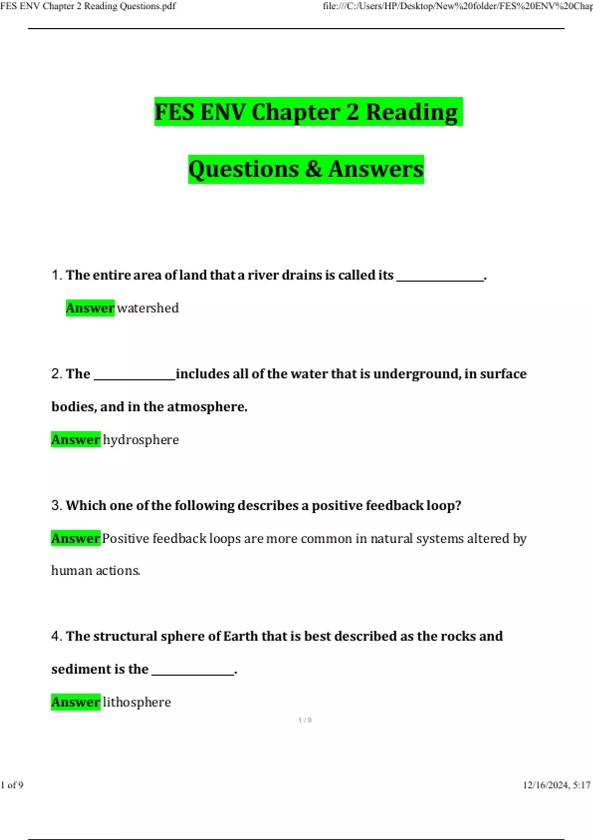 FES ENV Chapter 2 Reading 2025 Actual Questions and Answers (2025 / ...