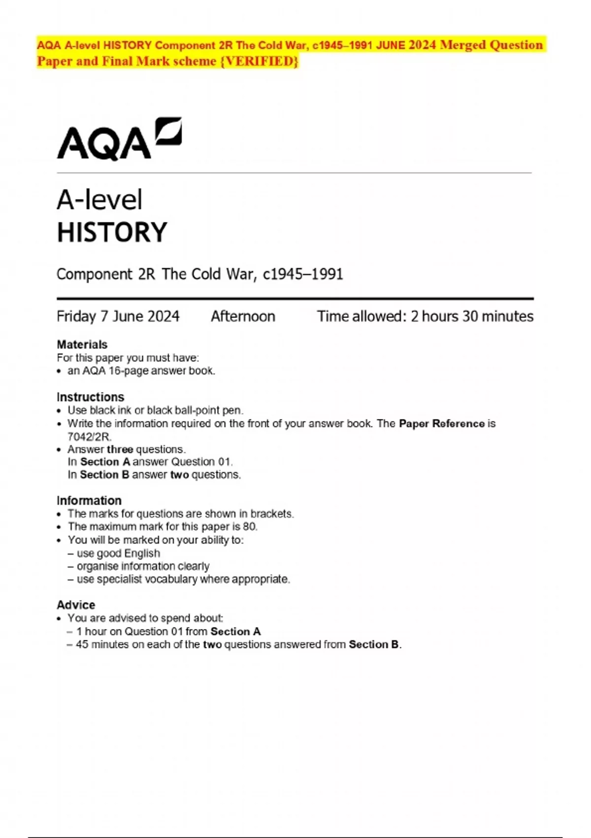 AQA A-level HISTORY Component 2R The Cold War, c1945–1991 JUNE 2024 ...