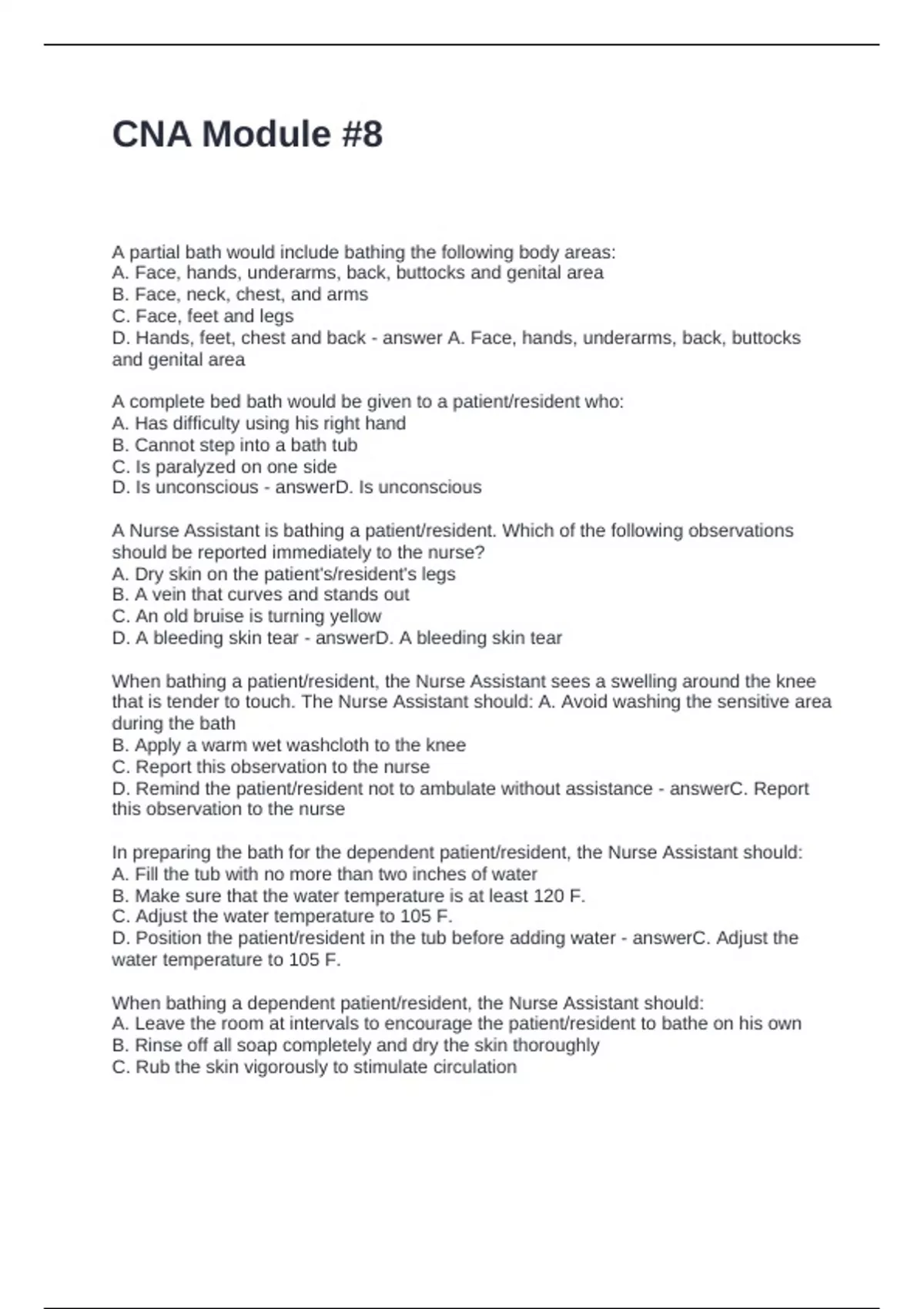 CNA Module -8 Questions with Solutions - AGACNP - Stuvia US