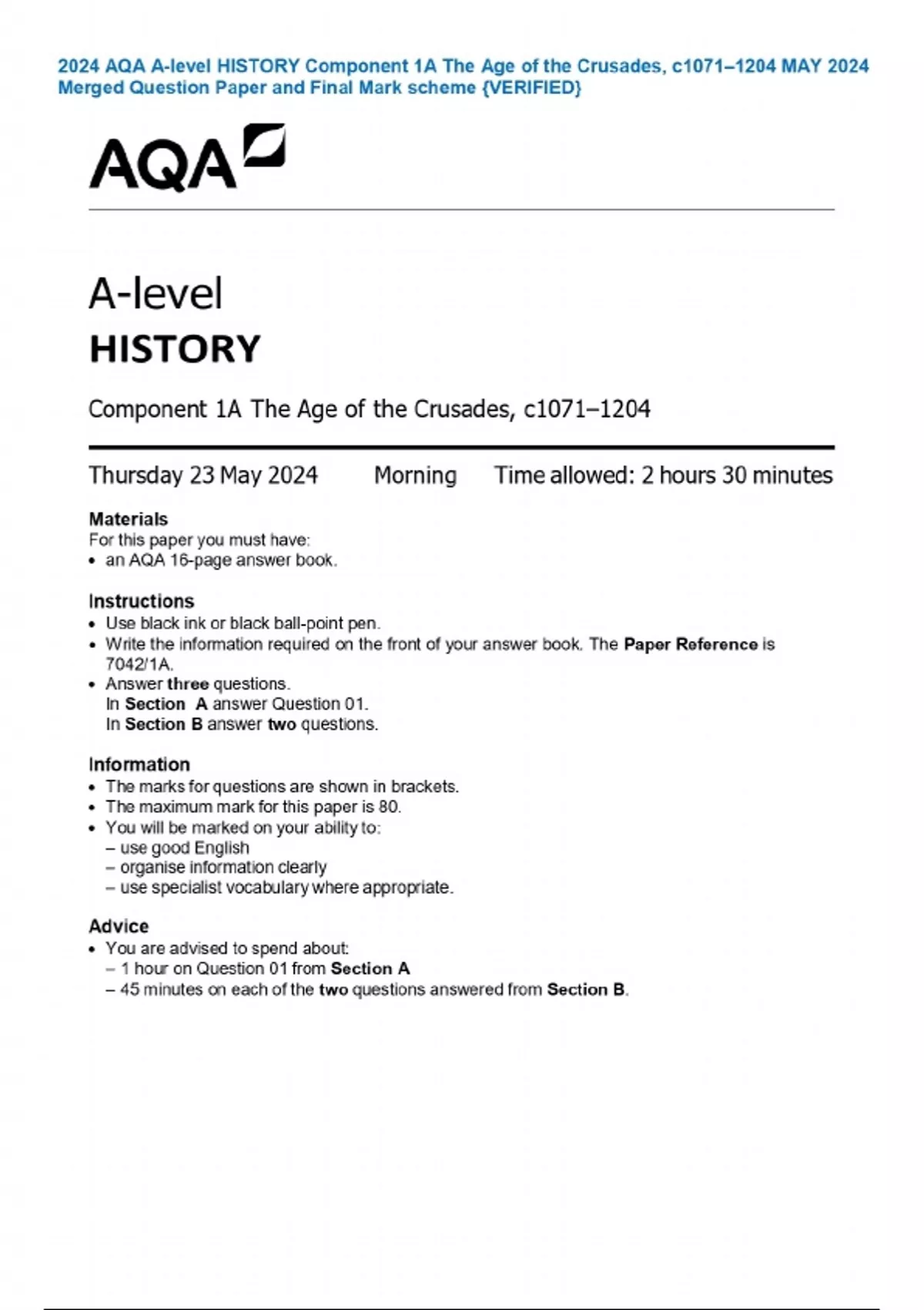 2024 AQA A-level HISTORY Component 1A The Age of the Crusades, c1071 ...