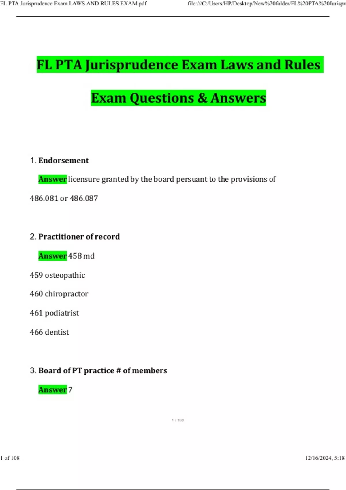 Florida FL PTA Jurisprudence Exam LAWS AND RULES EXAM 2025 Questions ...