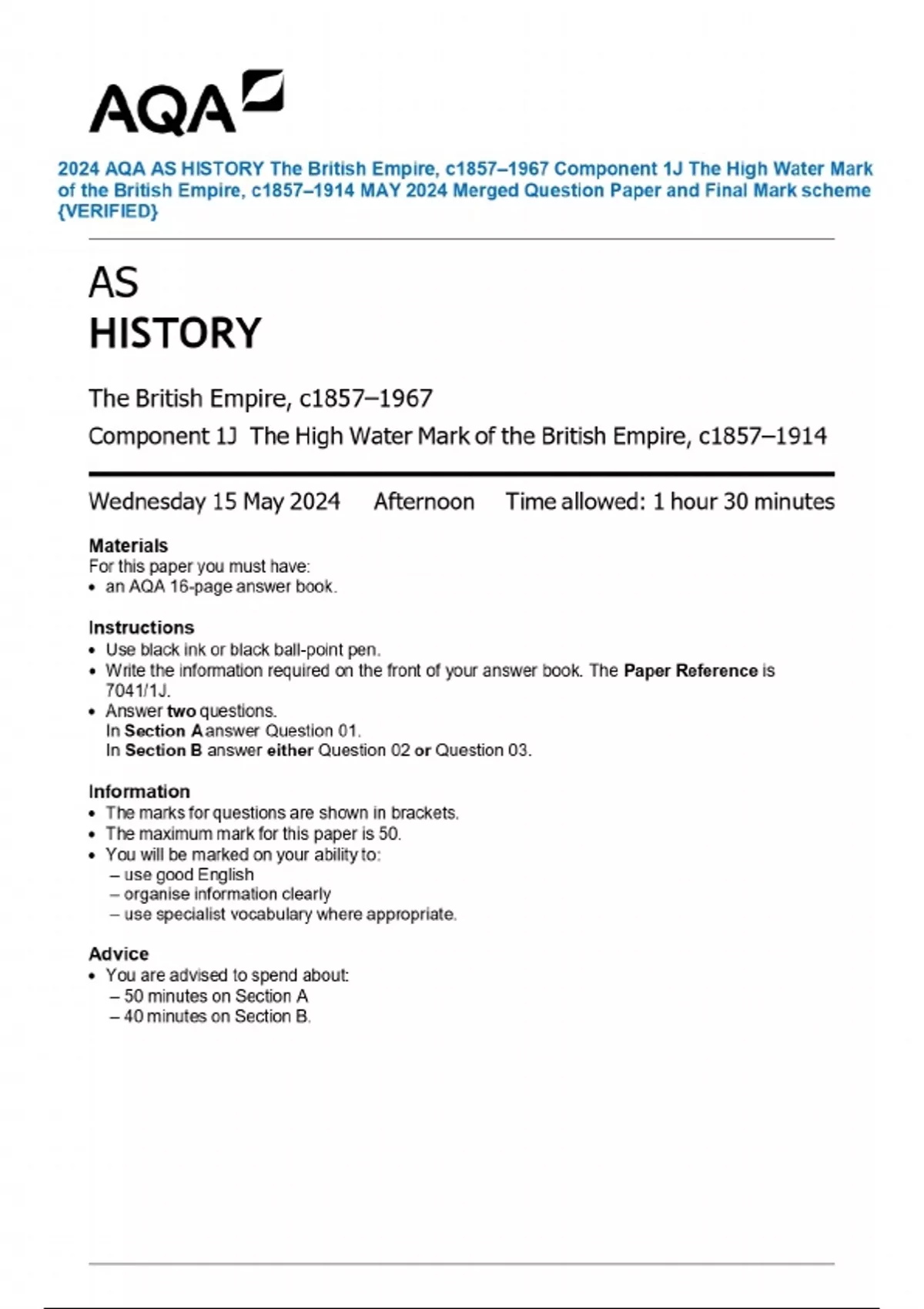 2024 AQA AS HISTORY The British Empire, c1857–1967 Component 1J The ...