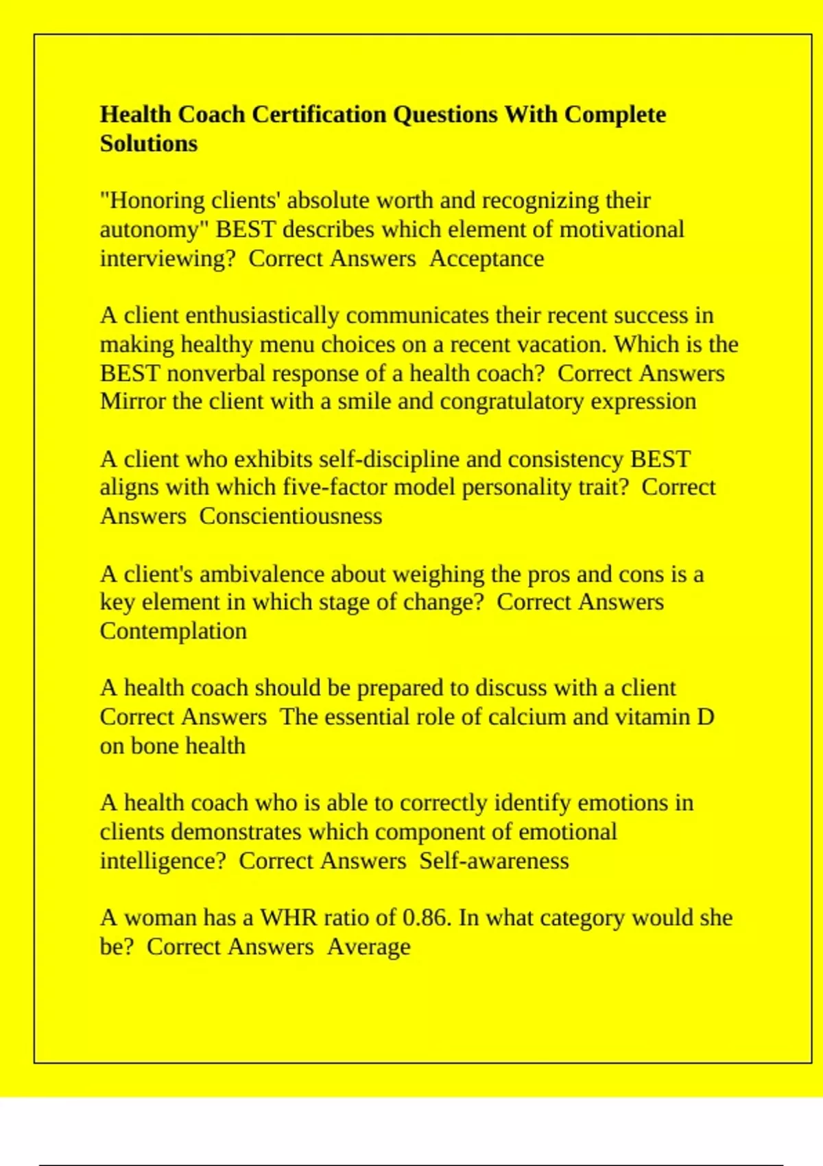 Health Coach Certification Questions With Complete Solutions - Health ...