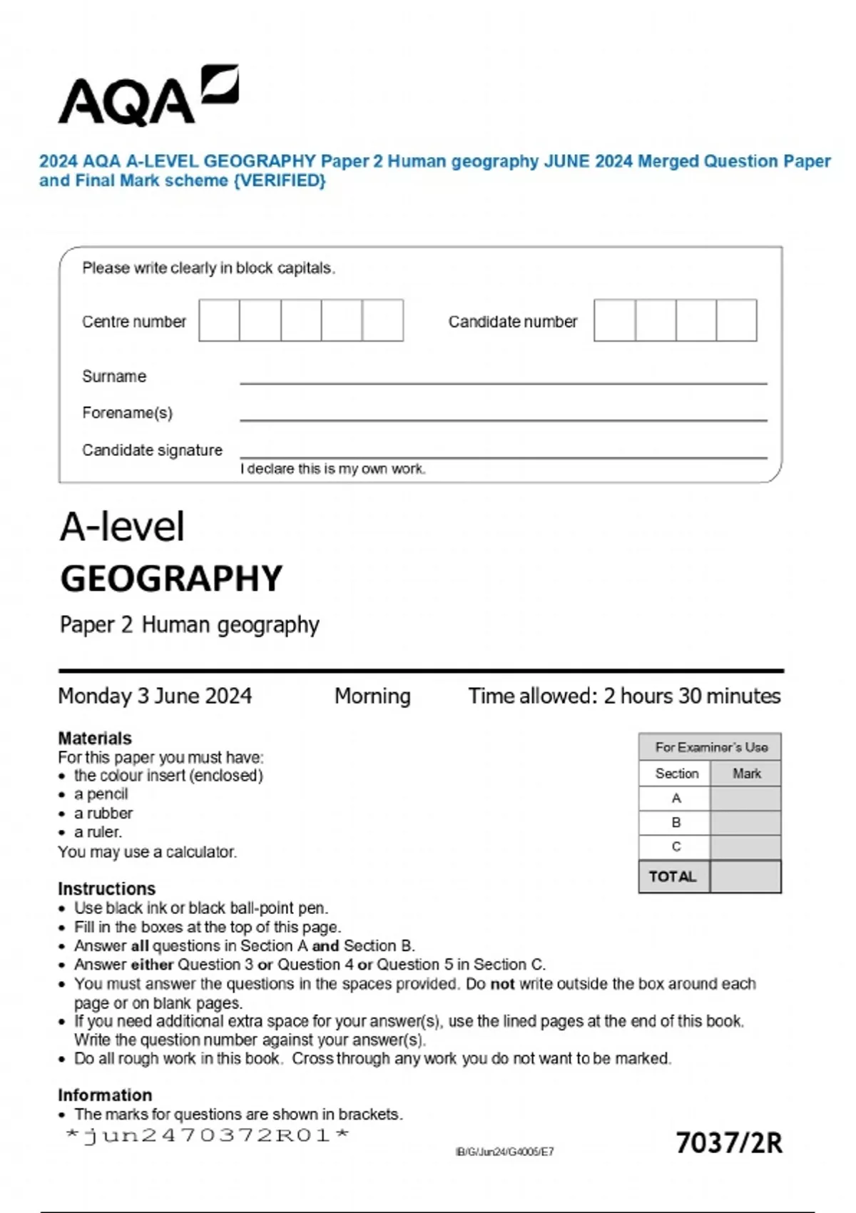 2024 AQA A-LEVEL GEOGRAPHY Paper 2 Human geography JUNE 2024 Merged Question Paper and Final ...