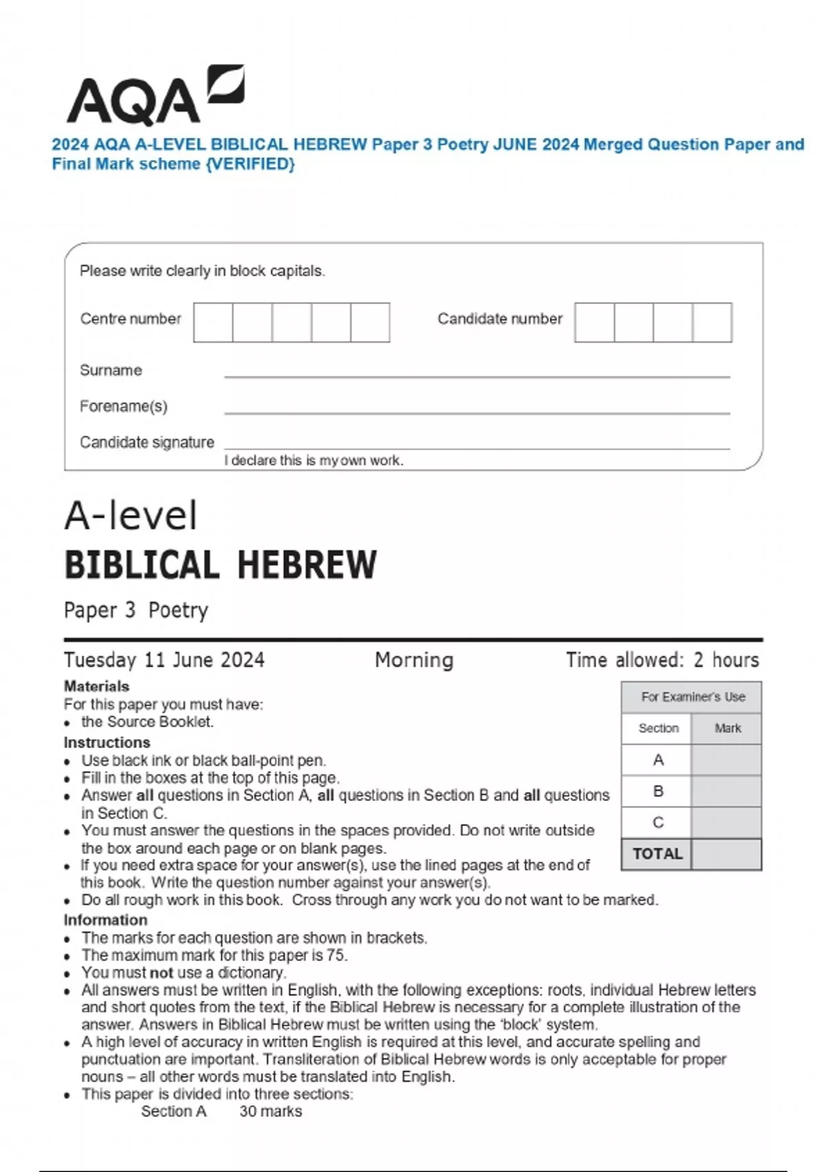 2024 AQA A-LEVEL BIBLICAL HEBREW Paper 3 Poetry JUNE 2024 Merged ...