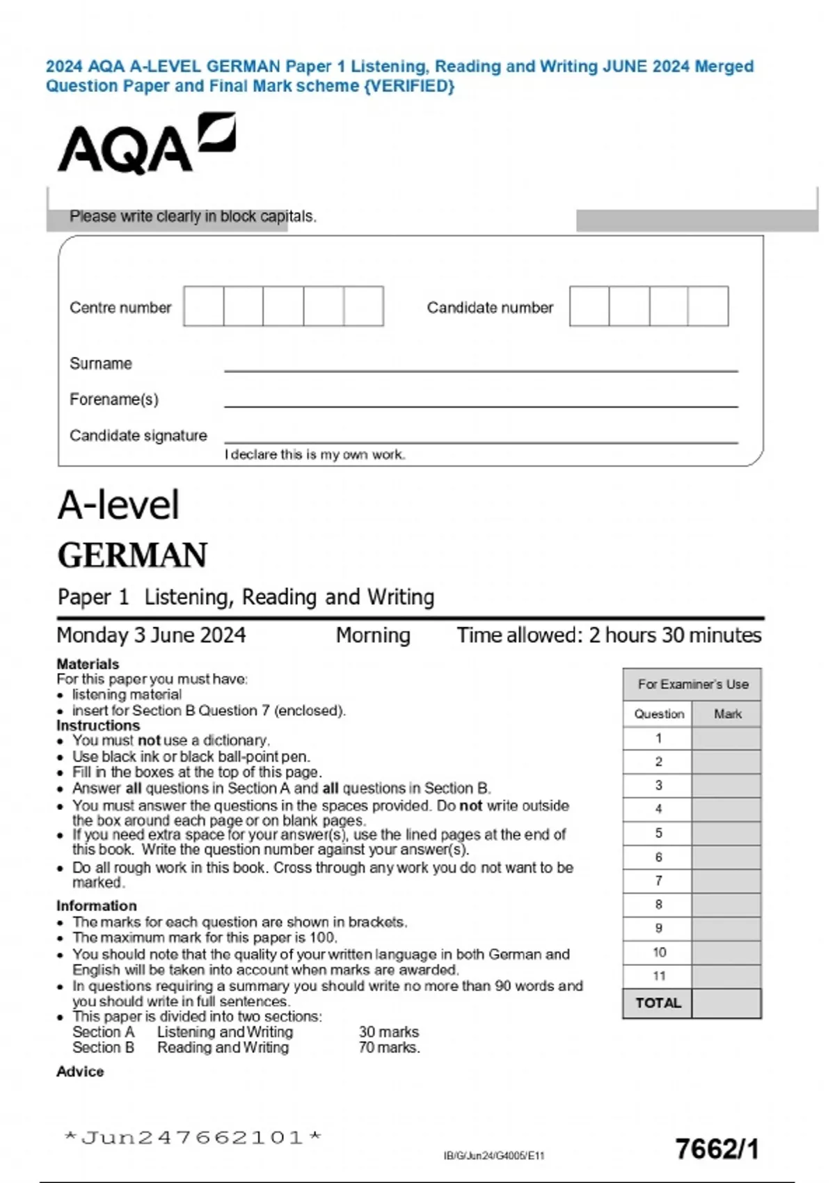 2024 AQA A-LEVEL GERMAN Paper 1 Listening, Reading and Writing JUNE ...