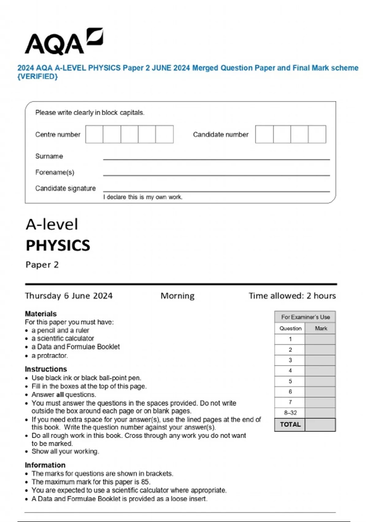 2024 AQA A-LEVEL PHYSICS Paper 2 JUNE 2024 Merged Question Paper and ...