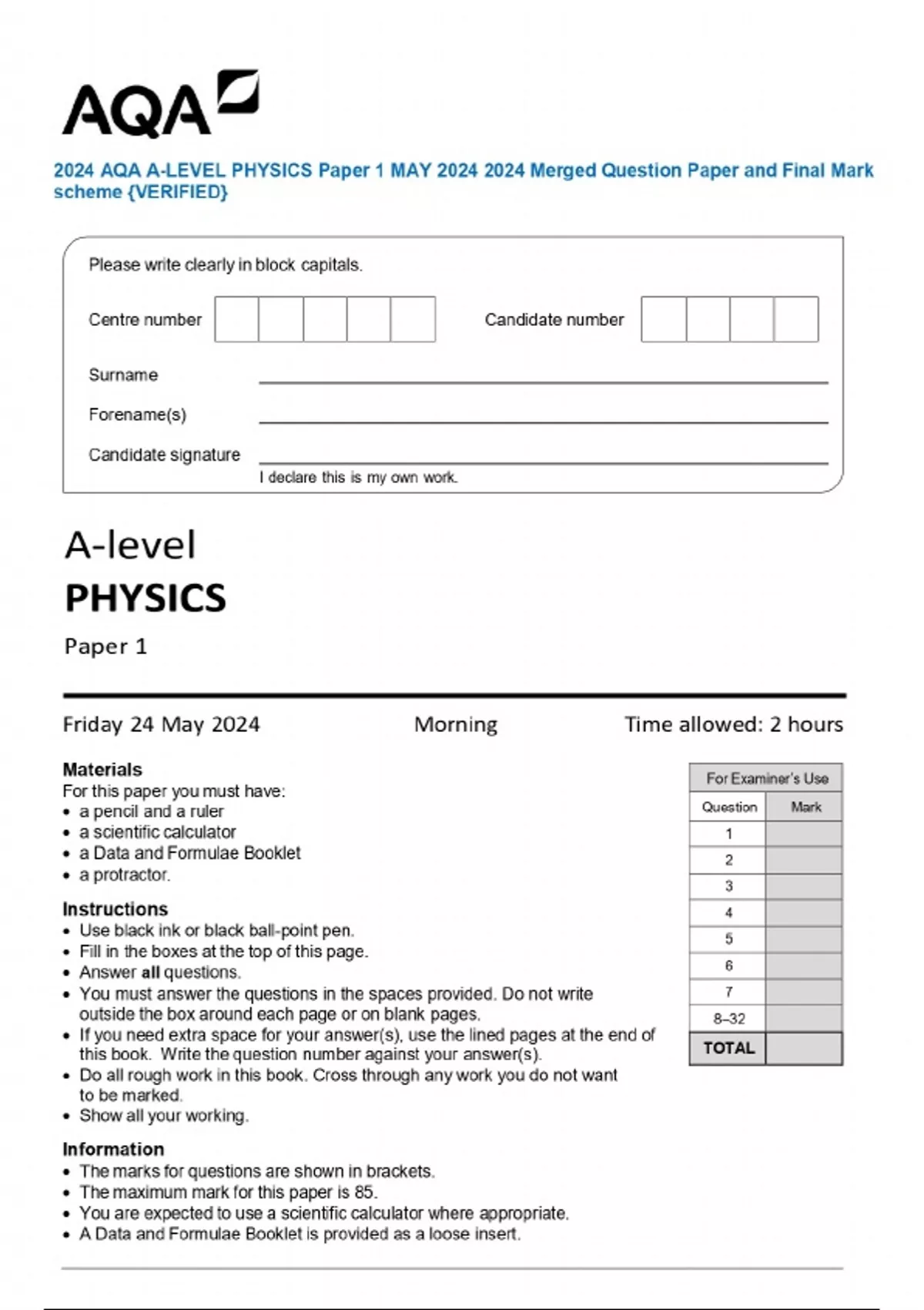 2024 AQA A-LEVEL PHYSICS Paper 1 MAY Merged Question Paper and Final ...