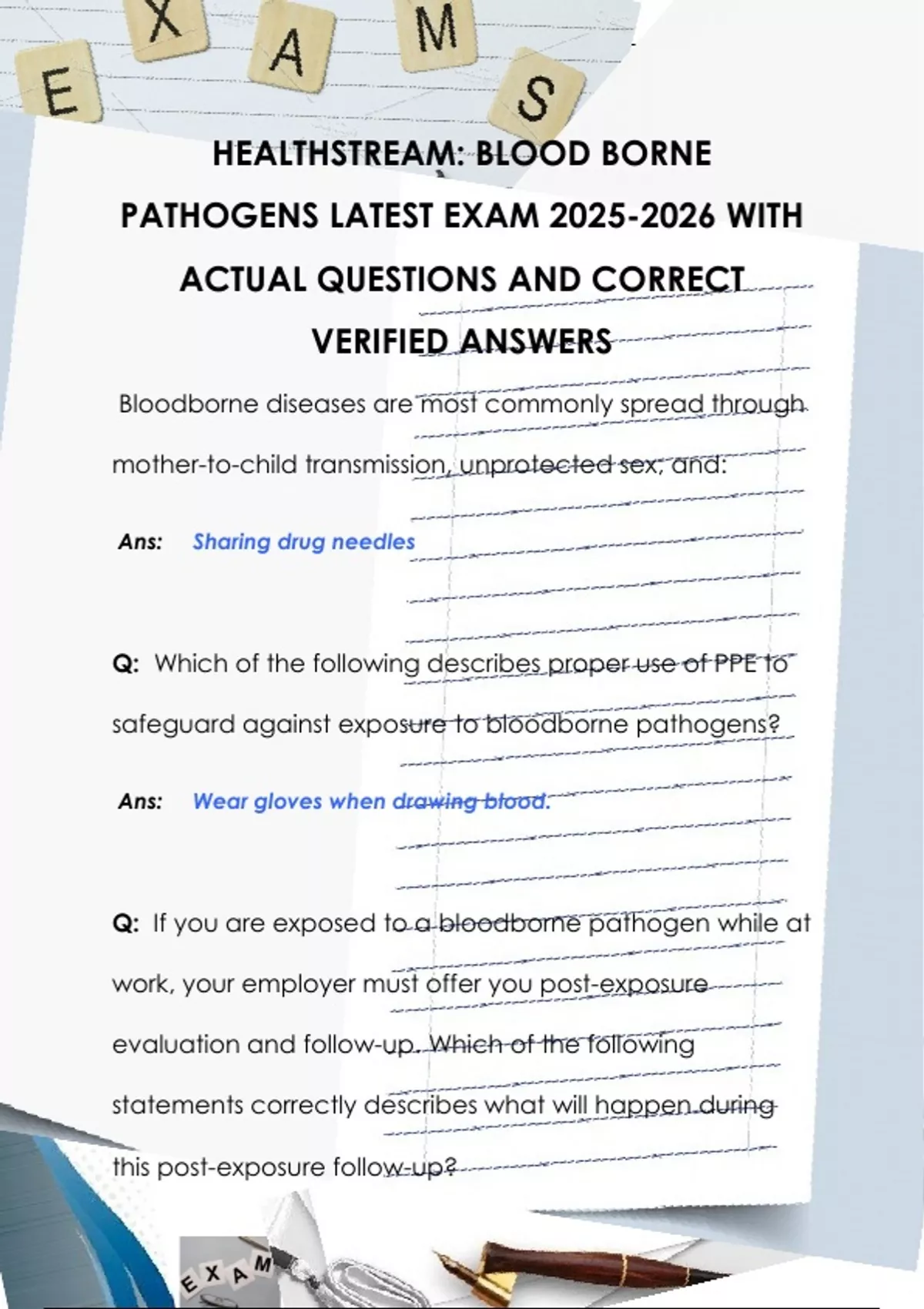 HEALTHSTREAM: BLOOD BORNE PATHOGENS LATEST EXAM WITH ACTUAL QUESTIONS ...