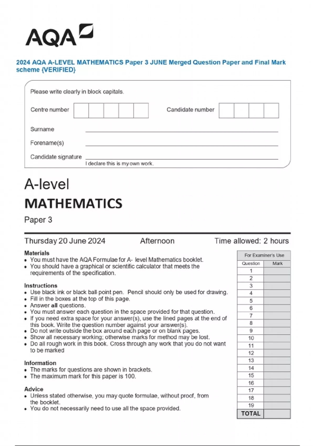 2024 AQA A-LEVEL MATHEMATICS Paper 3 JUNE Merged Question Paper and ...