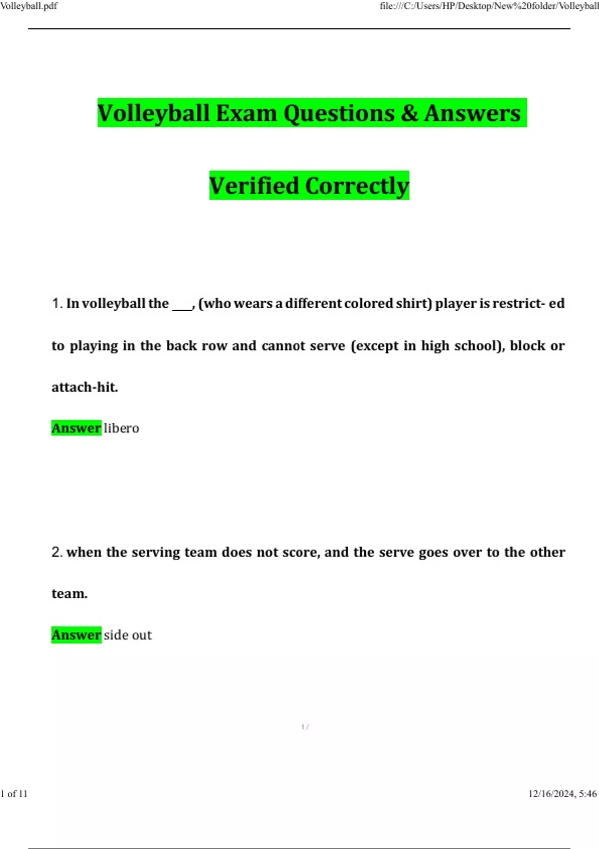2025 / 2026 Volleyball Exam | Questions and Verified Answers | 100% ...