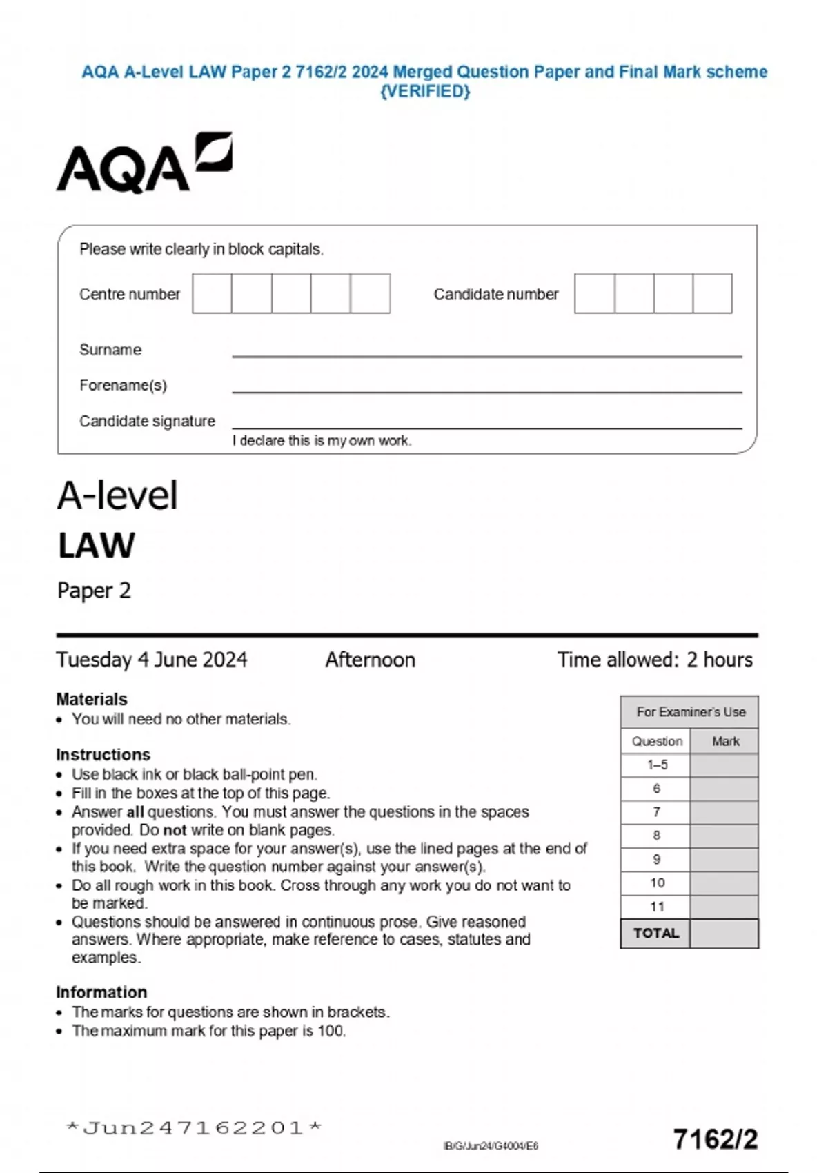 AQA A-Level LAW Paper 2 7162/2 2024 Merged Question Paper and Final ...