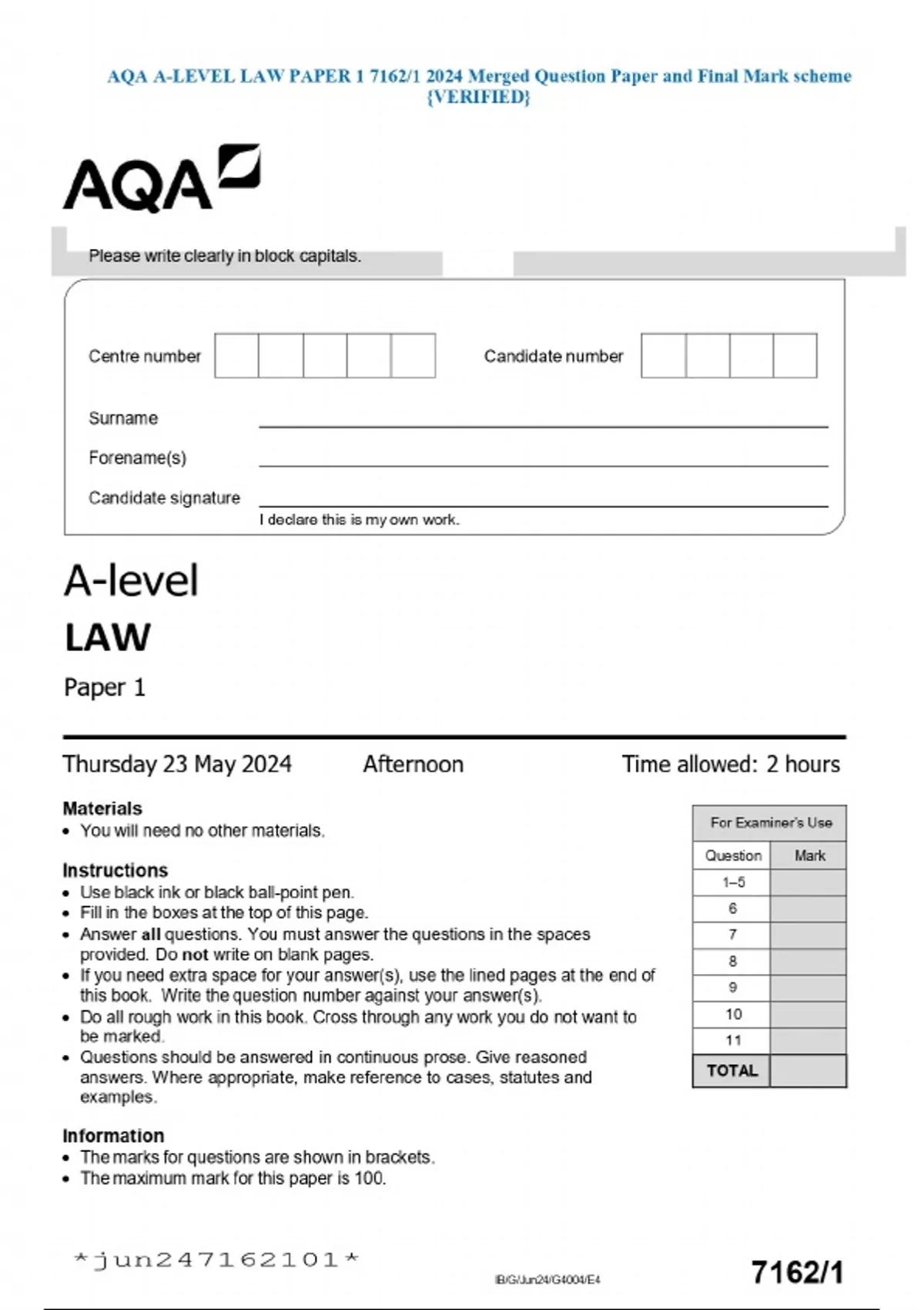 AQA A-LEVEL LAW PAPER 1 7162/1 2024 Merged Question Paper and Final ...