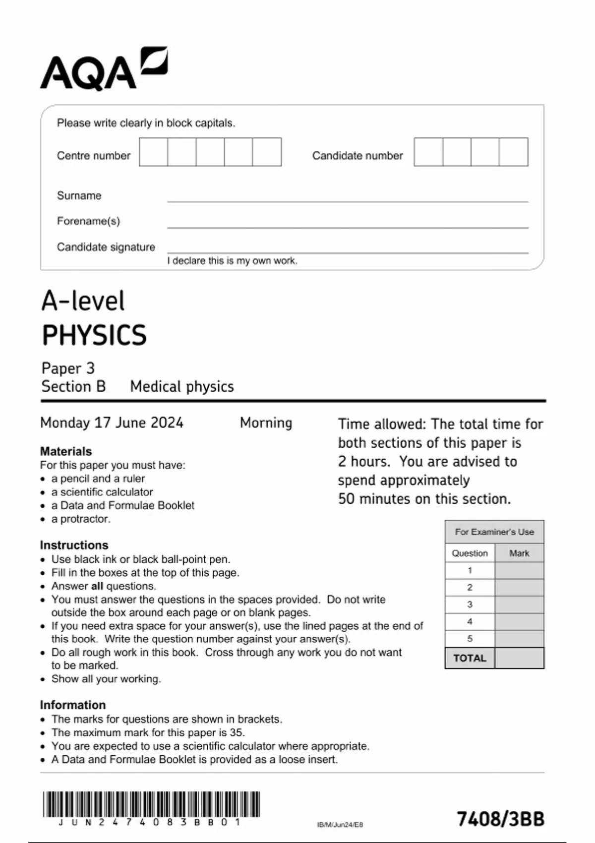 2024 AQA A-LEVEL PHYSICS PAPER 3B QP(7408/3BB :Medical physics) - AQA PHYSICS - Stuvia US
