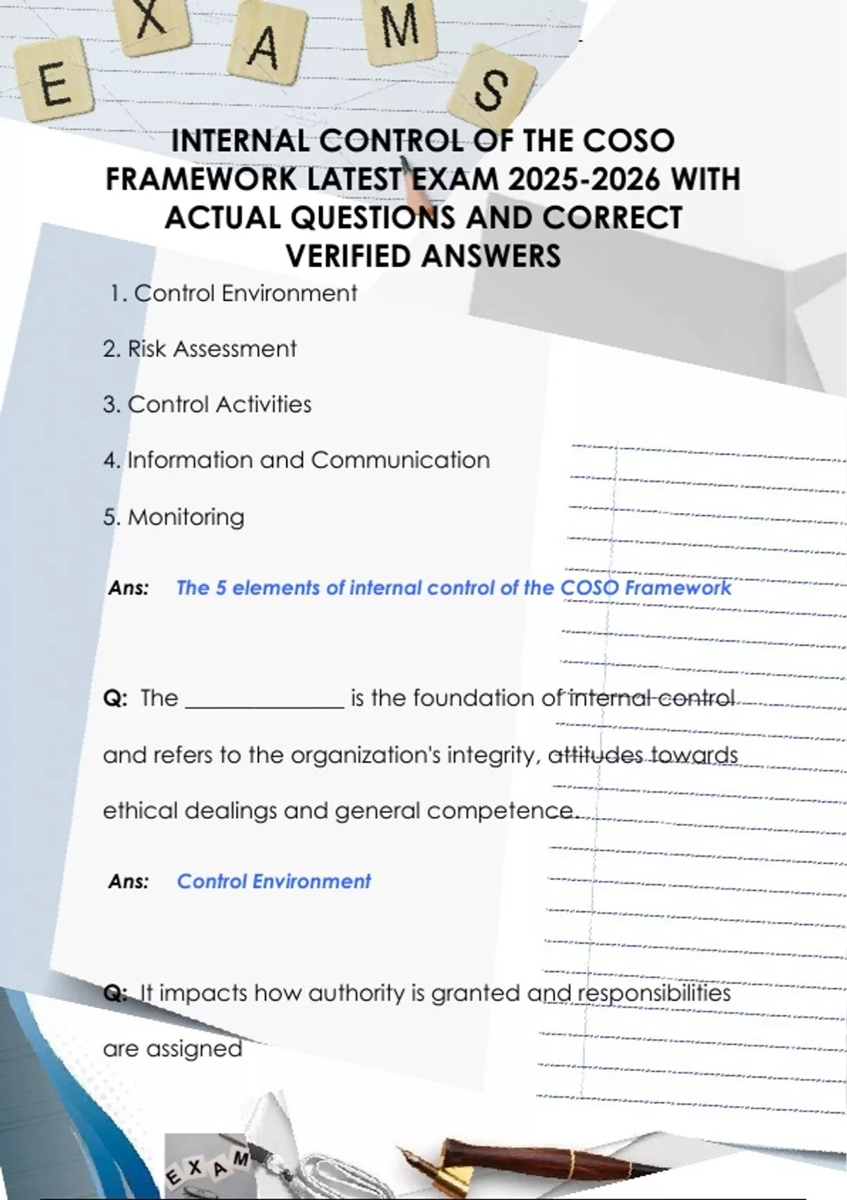 INTERNAL CONTROL OF THE COSO FRAMEWORK LATEST EXAM WITH ACTUAL ...